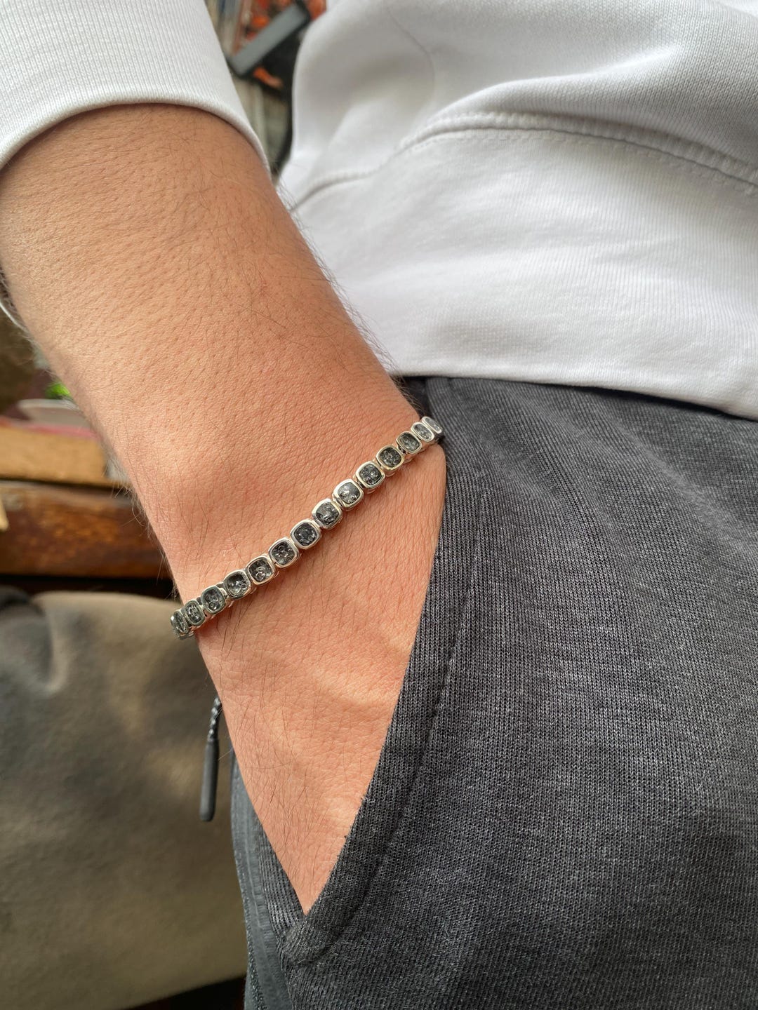 Sterling Silver Gray Zircon Bracelet, Minimalist Link Chain Adjustable ...