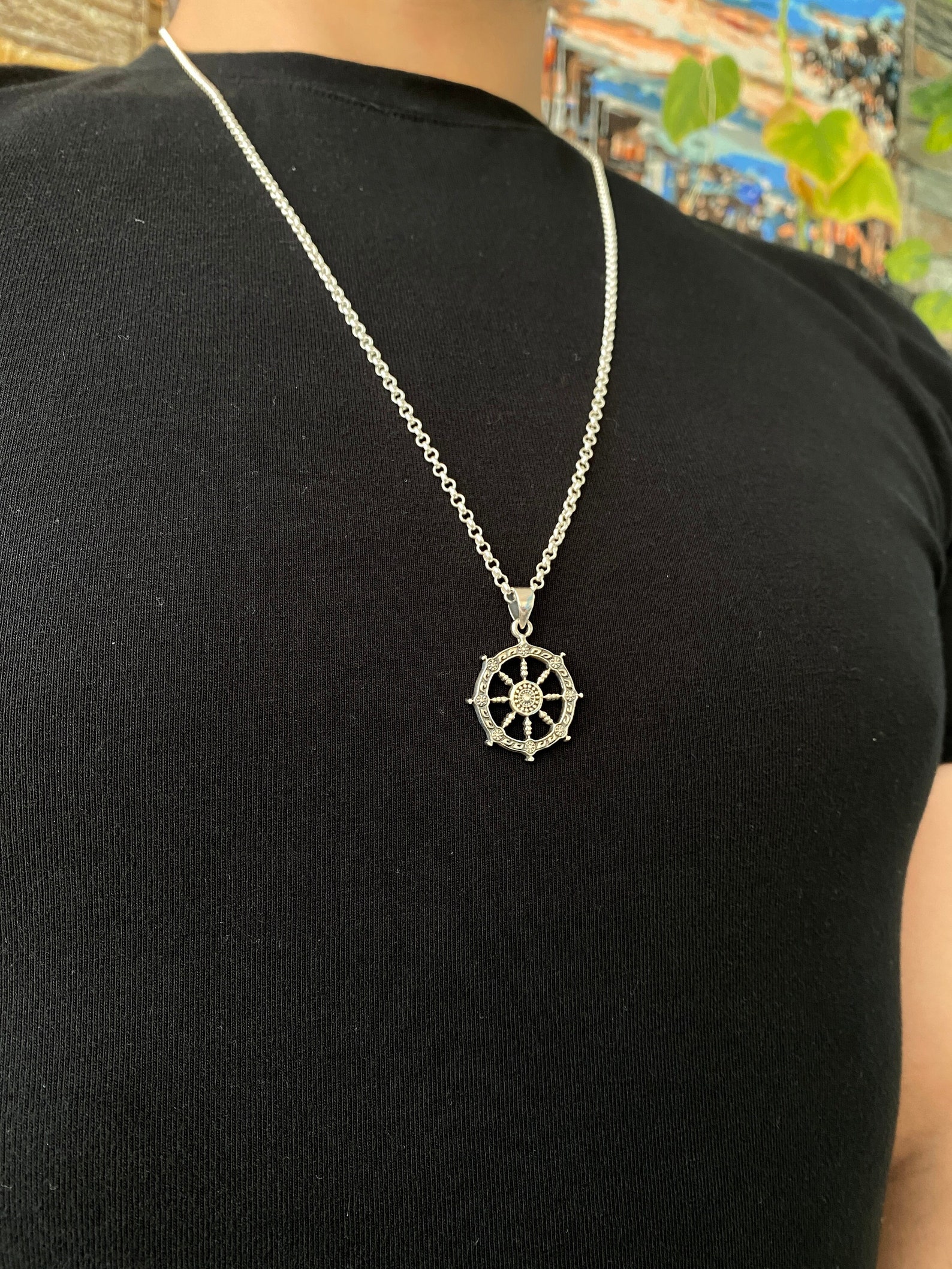 Handmade Wheel of Dharma Silver Necklace, Buddhist Eightfold Path ...