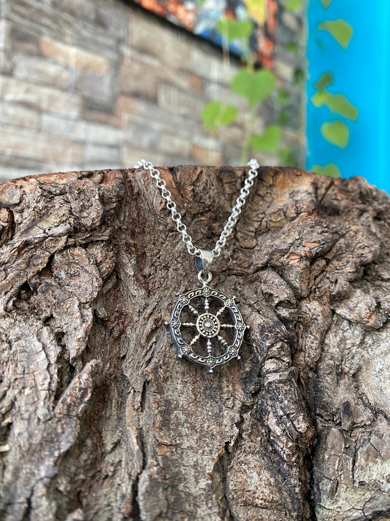 Handmade Wheel of Dharma Silver Necklace, Buddhist Eightfold Path ...