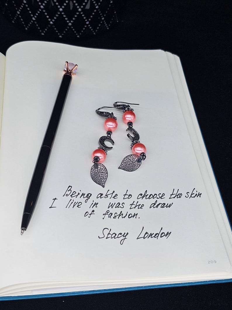 Gunmetal Statement Earrings With Orange Pearls, Cubic Zirconia Crescent ...