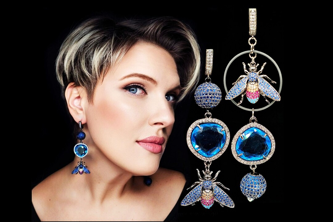 Crazy Asymmetrical Royal Blue Crystal Insect Dangles Mismatched Chunky ...