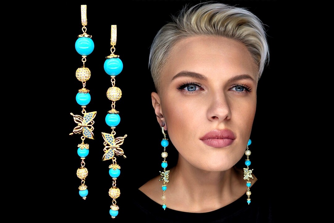 Shoulder Duster Earrings – Turquoise Beads, CZ Butterfly, Extra Long ...
