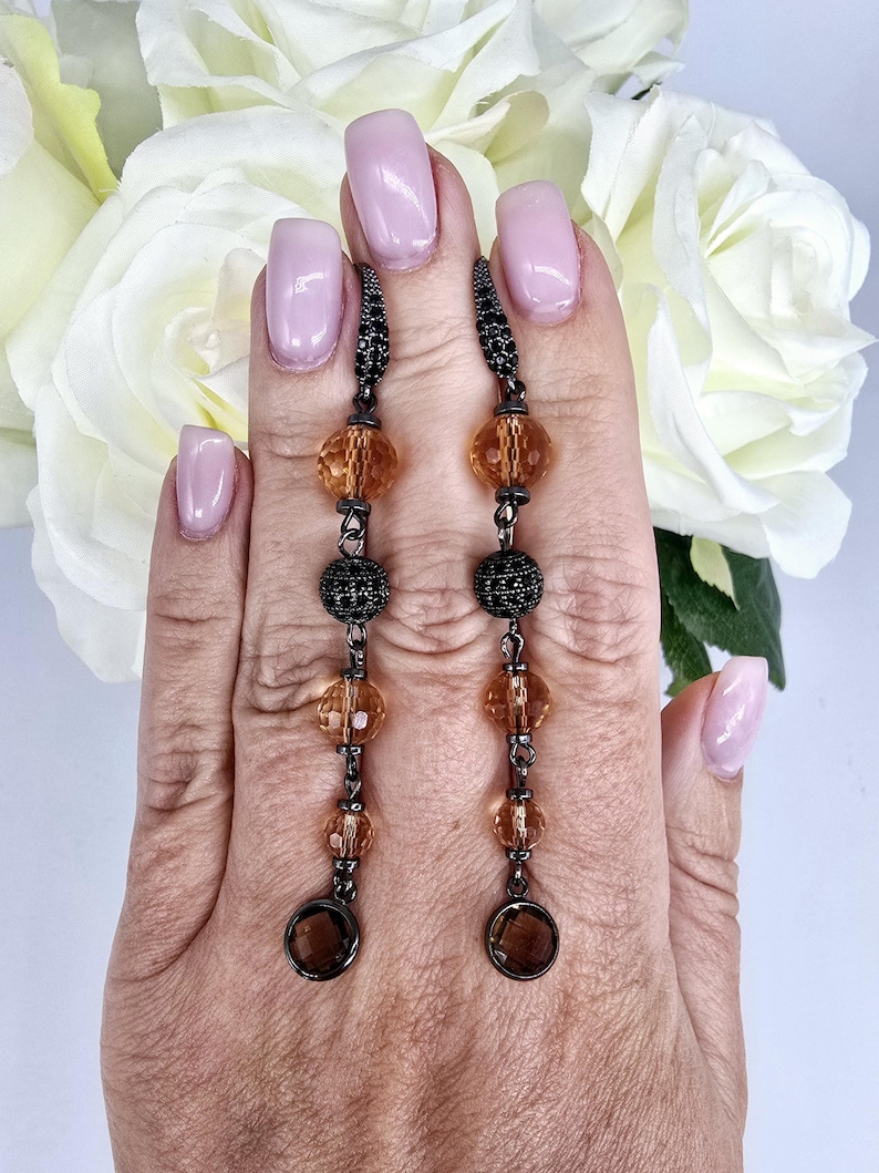 Very Long Gunmetal Drop Earrings With Amber Brown Faceted Crystals and ...