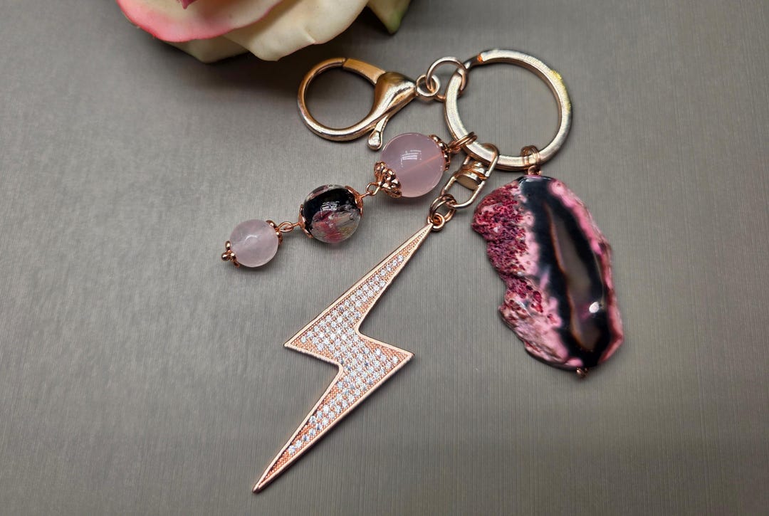 Bag Charm Keychain – Pink Agate Slice, Rose Quartz, Lampwork Bead, CZ ...