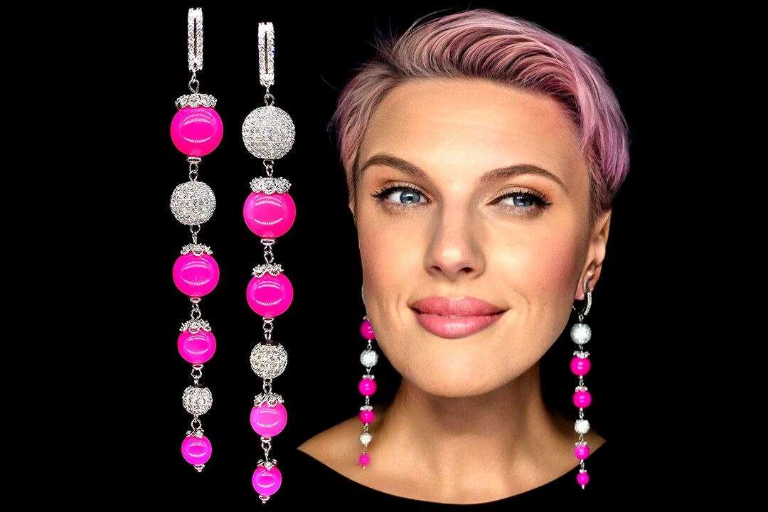 Maximalist Jewelry – Hot Pink Beads, CZ Balls, Mismatched Extra Long ...