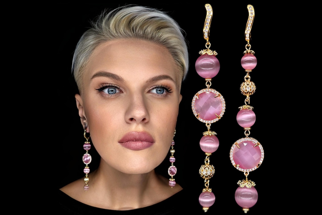 Mismatched Earrings – Cat Eye Round Crystals, Light Pink Beads, Extra ...