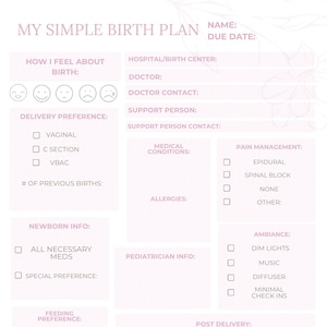 Simple Birth Plan Template for Labor and Delivery Mom and Baby Girl ...
