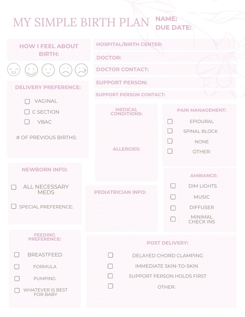 Simple Birth Plan Template for Labor and Delivery Mom and Baby Girl ...