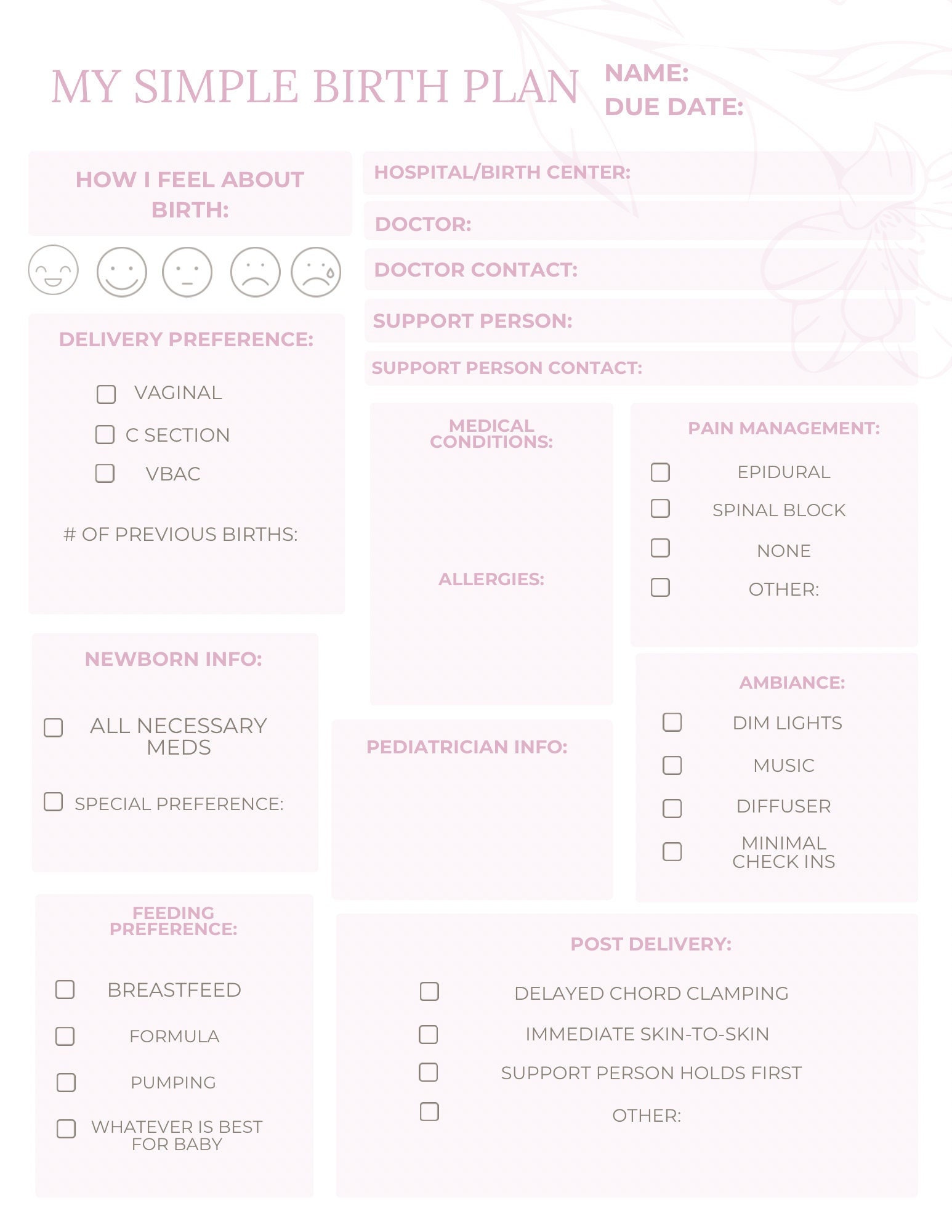 Simple Birth Plan Template for Labor and Delivery Mom and Baby Girl ...