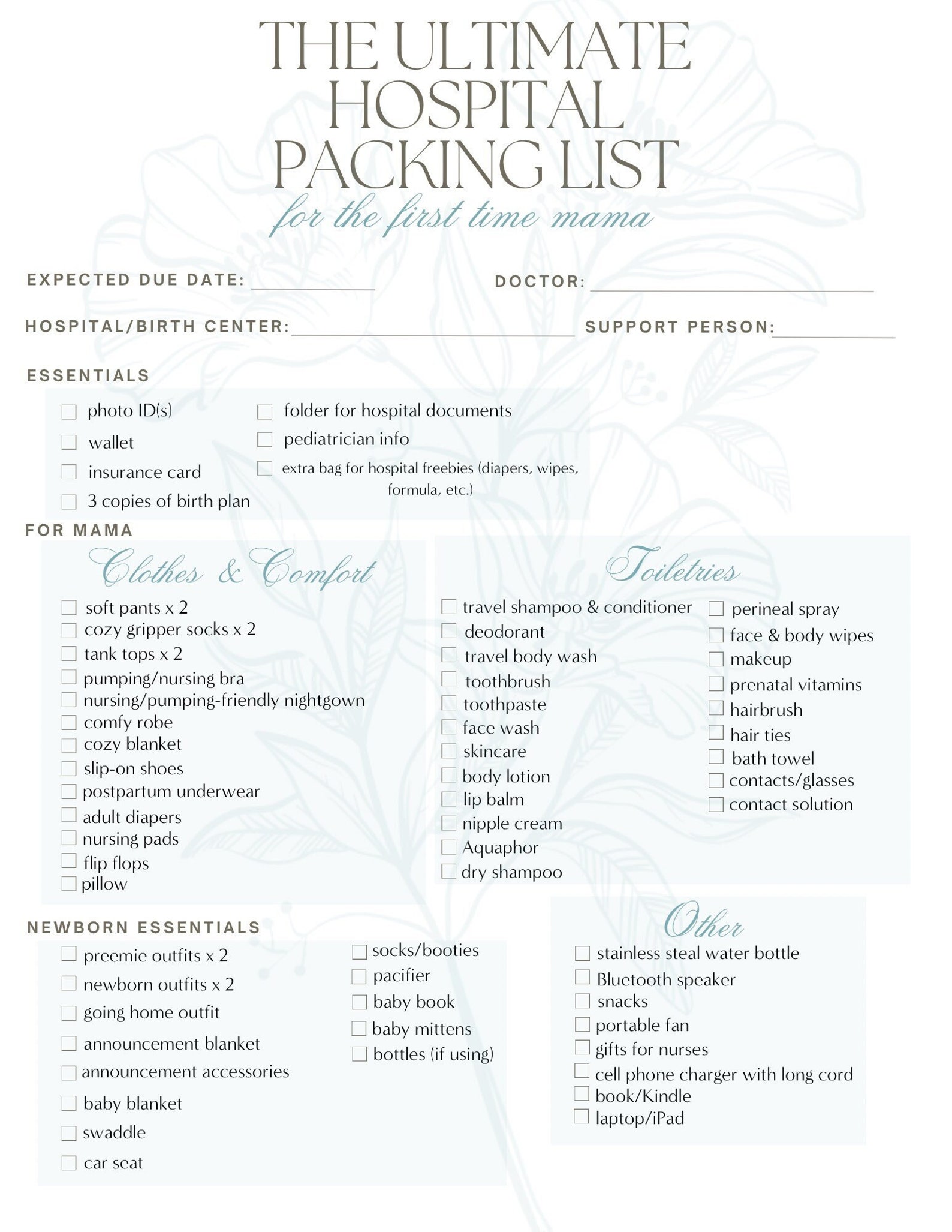 Hospital Bag Checklist First Time Mom Baby Boy DIGITAL DOWNLOAD ...
