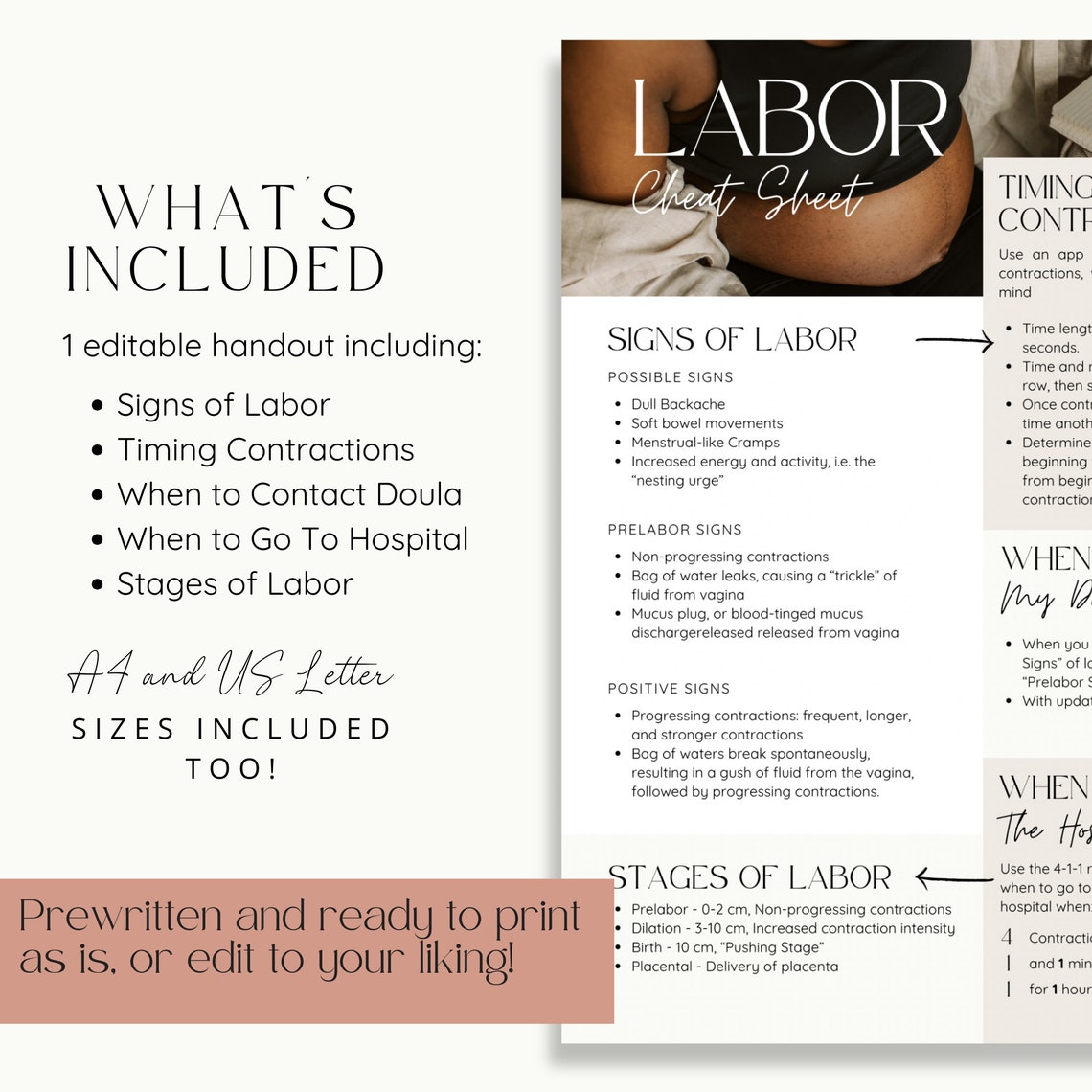 Labor Cheat Sheet for New Doula Clients, Labor Handout, Childbirth ...