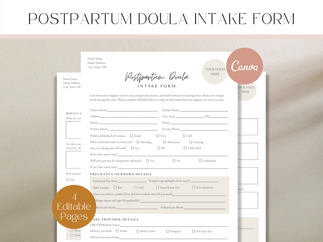 Postpartum Doula Intake Form: Editable Client Questionnaire (canva) - Etsy