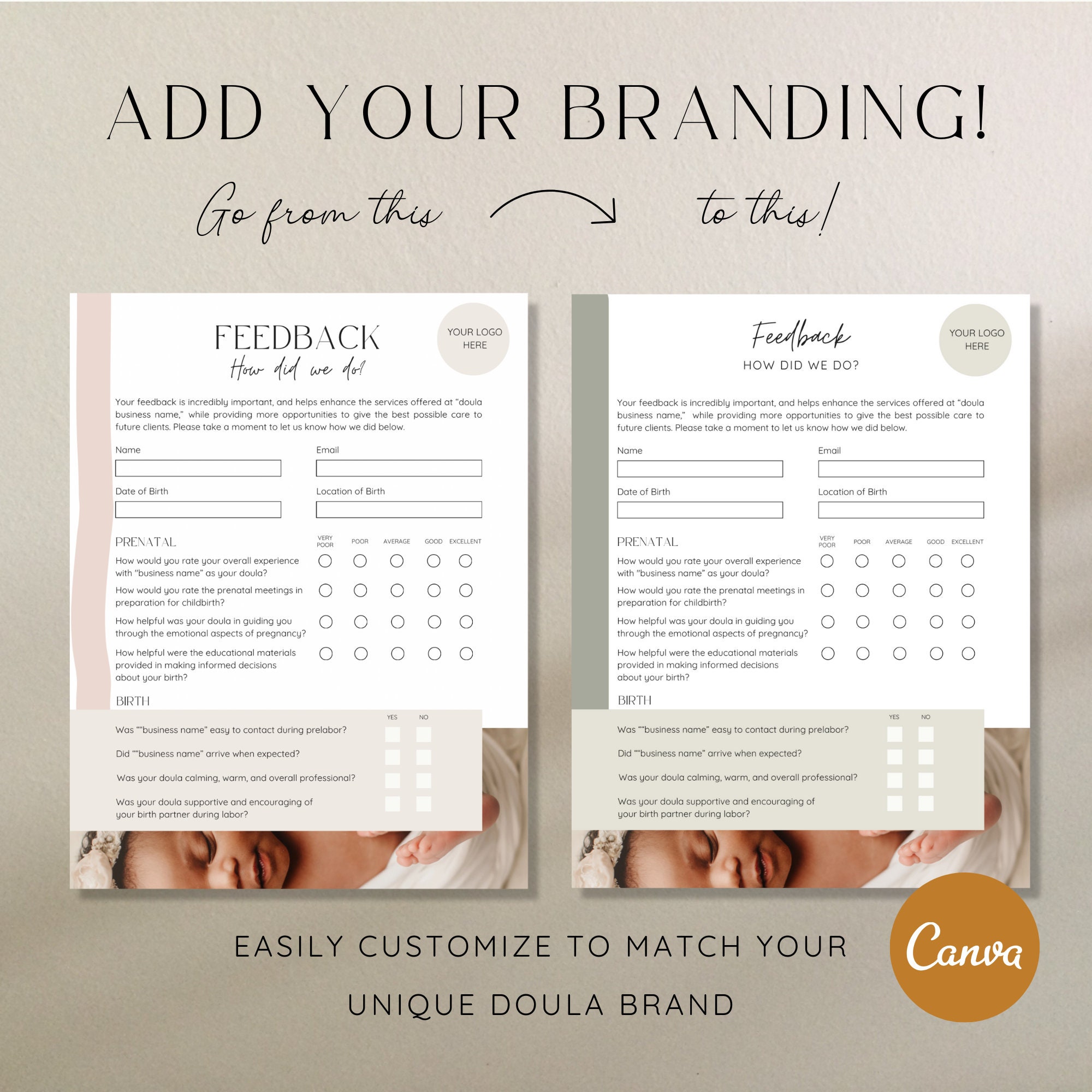 Doula Feedback Form, Doula Evaluation Form, Doula Review Request, Birth ...