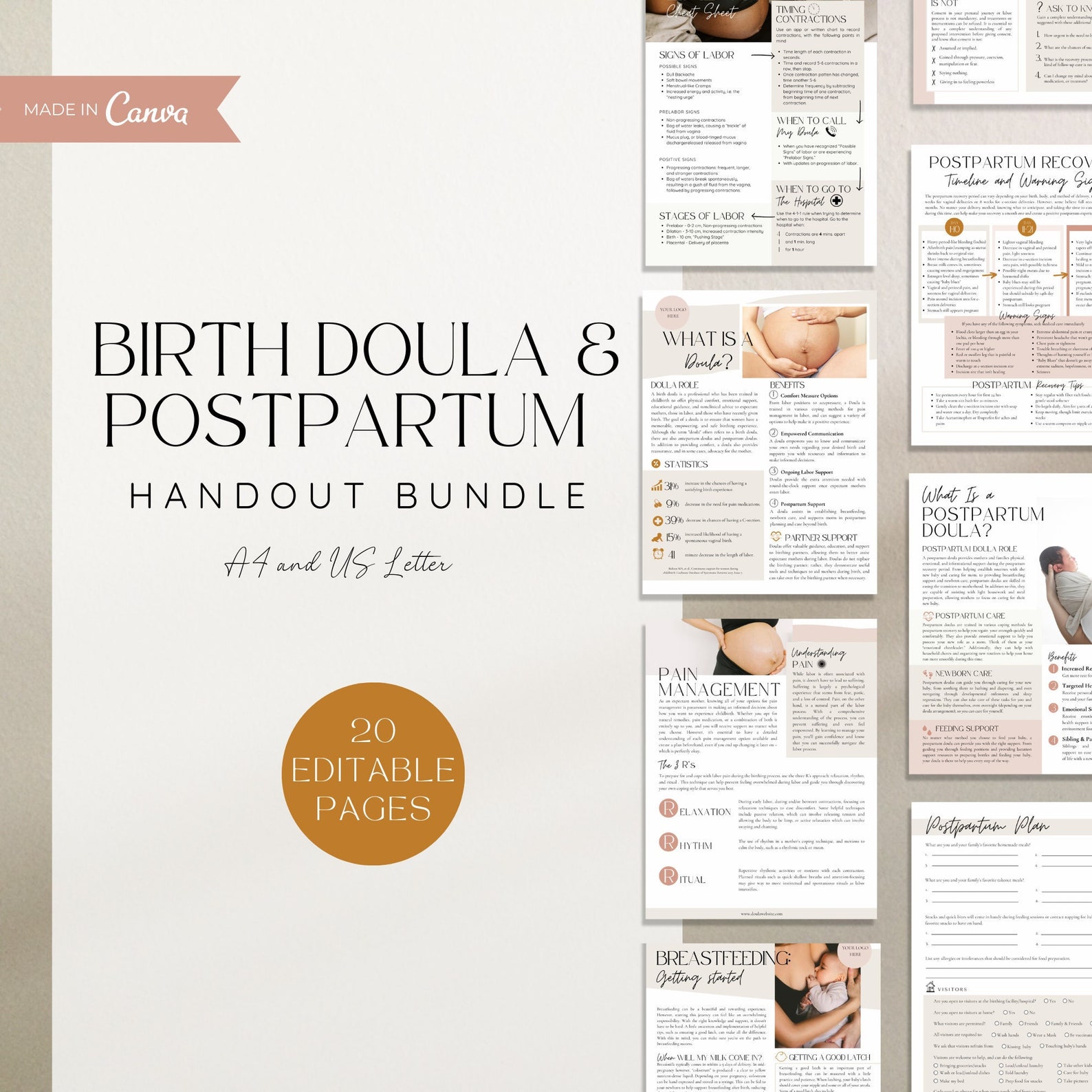 Birth and Postpartum Handout Bundle, Birth Doula Handouts, Birth Planning, Postpartum Planning ...