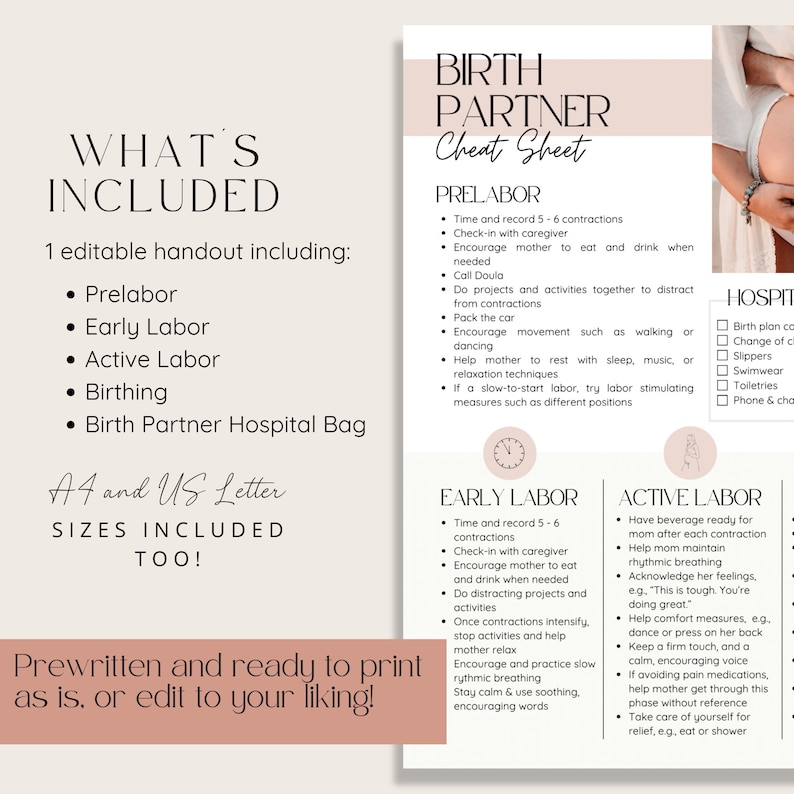 Birth Partner Cheat Sheet for New Doula Clients, Birth Partner Handout ...