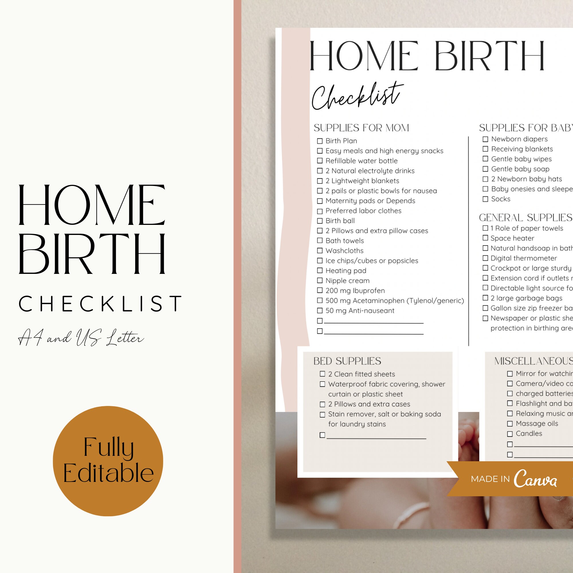 Home Birth Checklist, Home Birth Supplies, Birth Doula Handout, Doula ...