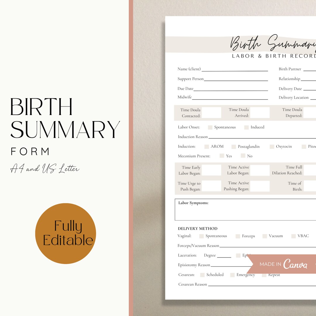 Doula Birth Summary, Birth Record Form for Birth Doulas, Birth Planning ...
