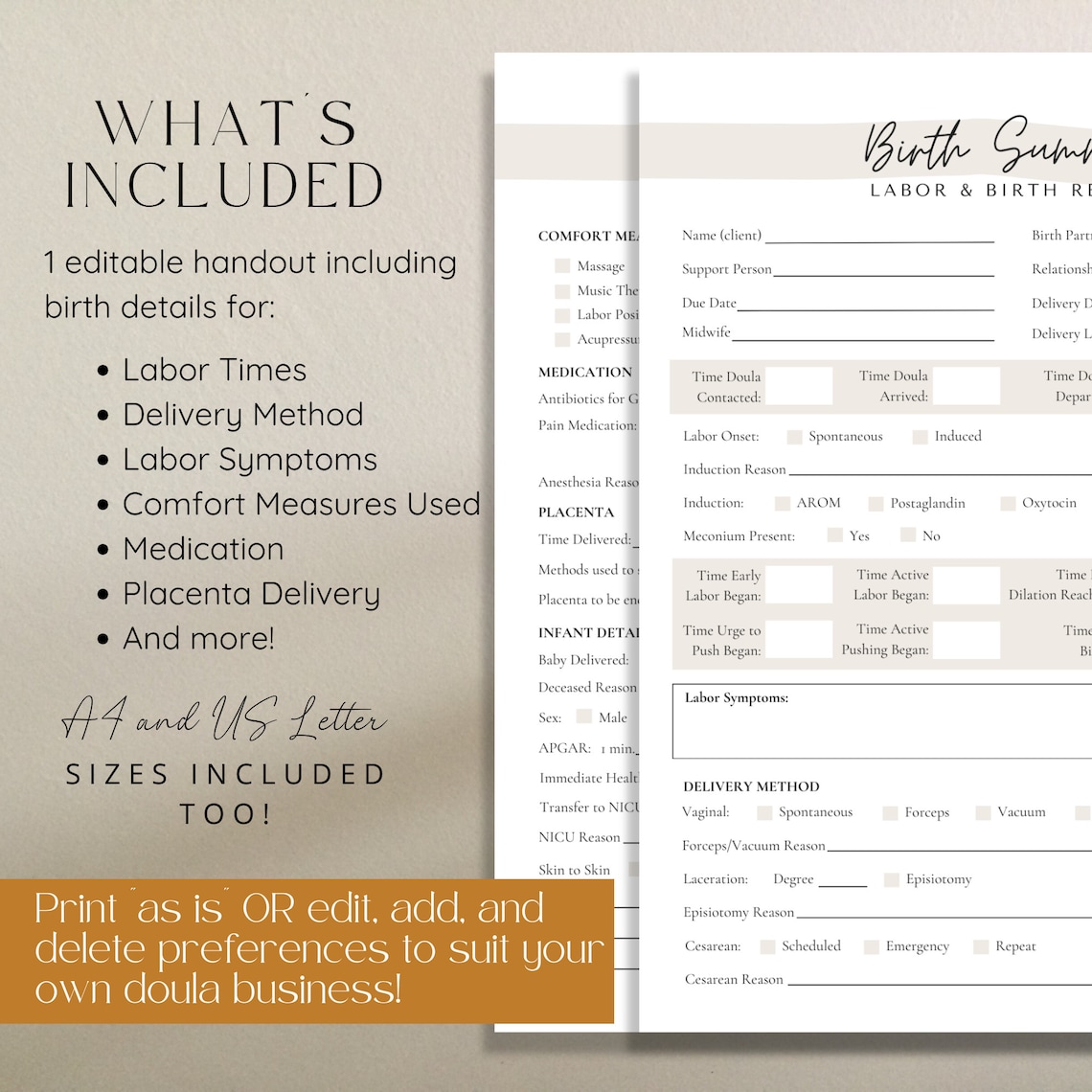 Doula Birth Summary, Birth Record Form for Birth Doulas, Birth Planning ...