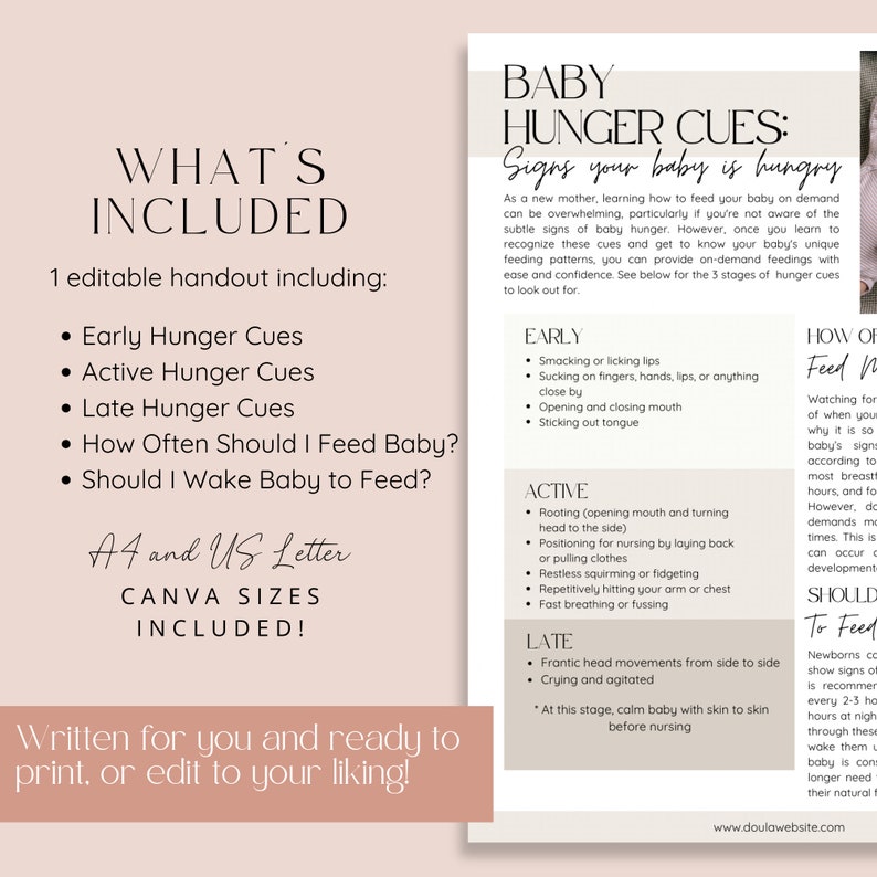 Baby Hunger Cues Handout, Newborn Hunger Cues, Newborn Education, Birth ...