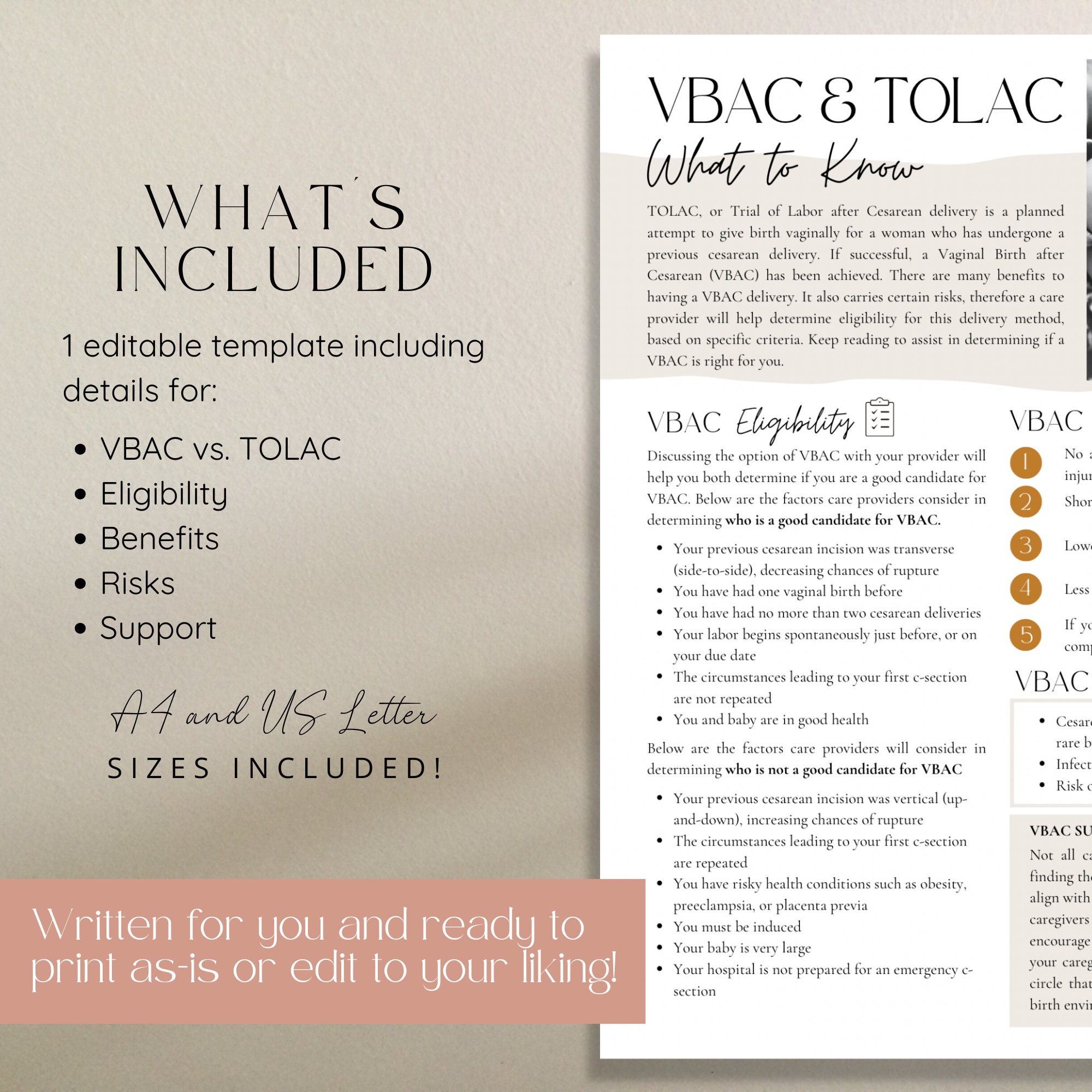 VBAC and TOLAC Handout, VBAC Delivery, Birth Planning, Doula Template ...