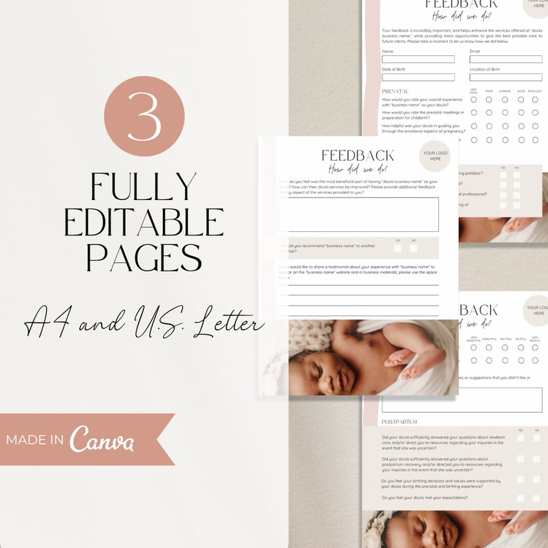 Doula Feedback Form, Doula Evaluation Form, Doula Review Request, Birth ...