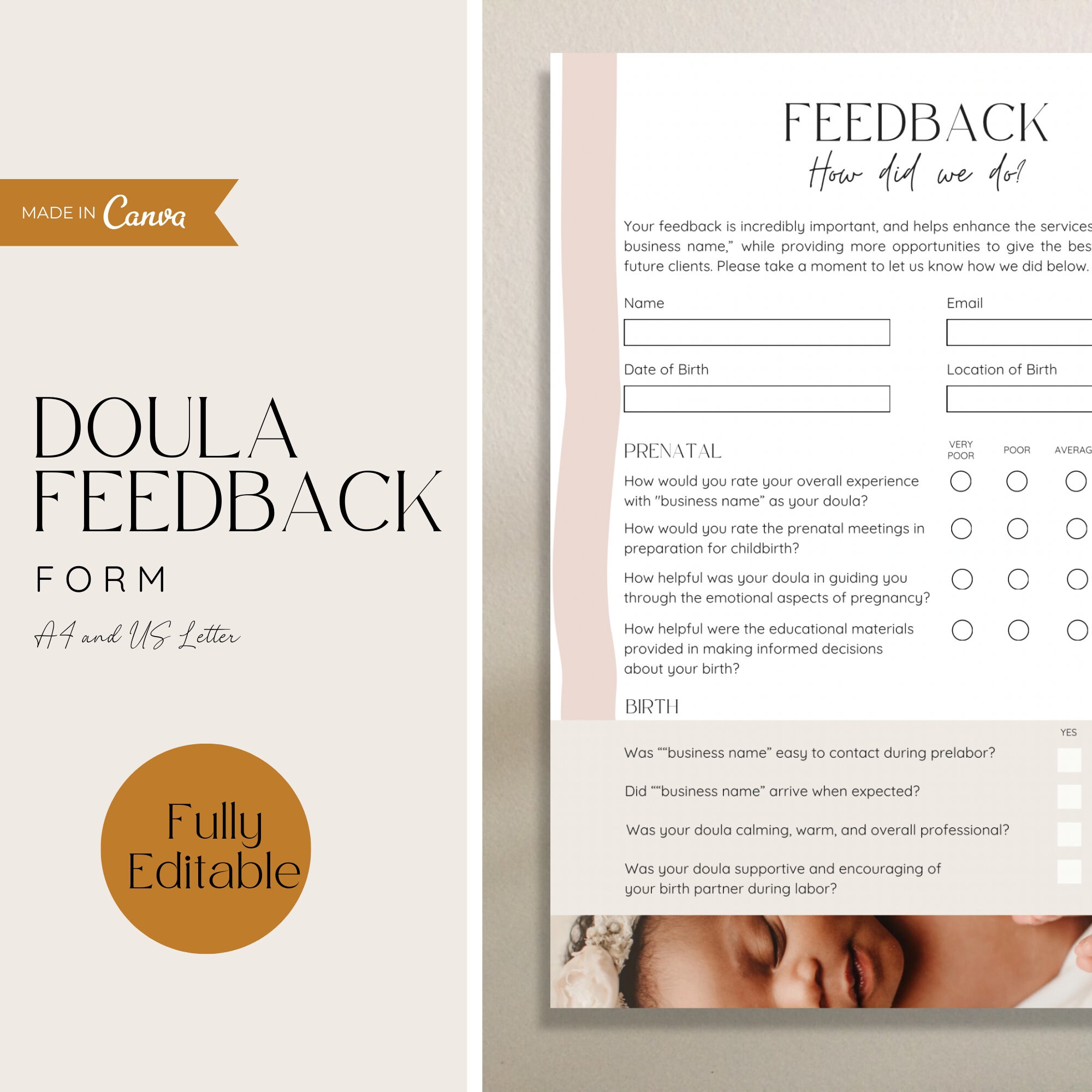 Doula Feedback Form, Doula Evaluation Form, Doula Review Request, Birth ...
