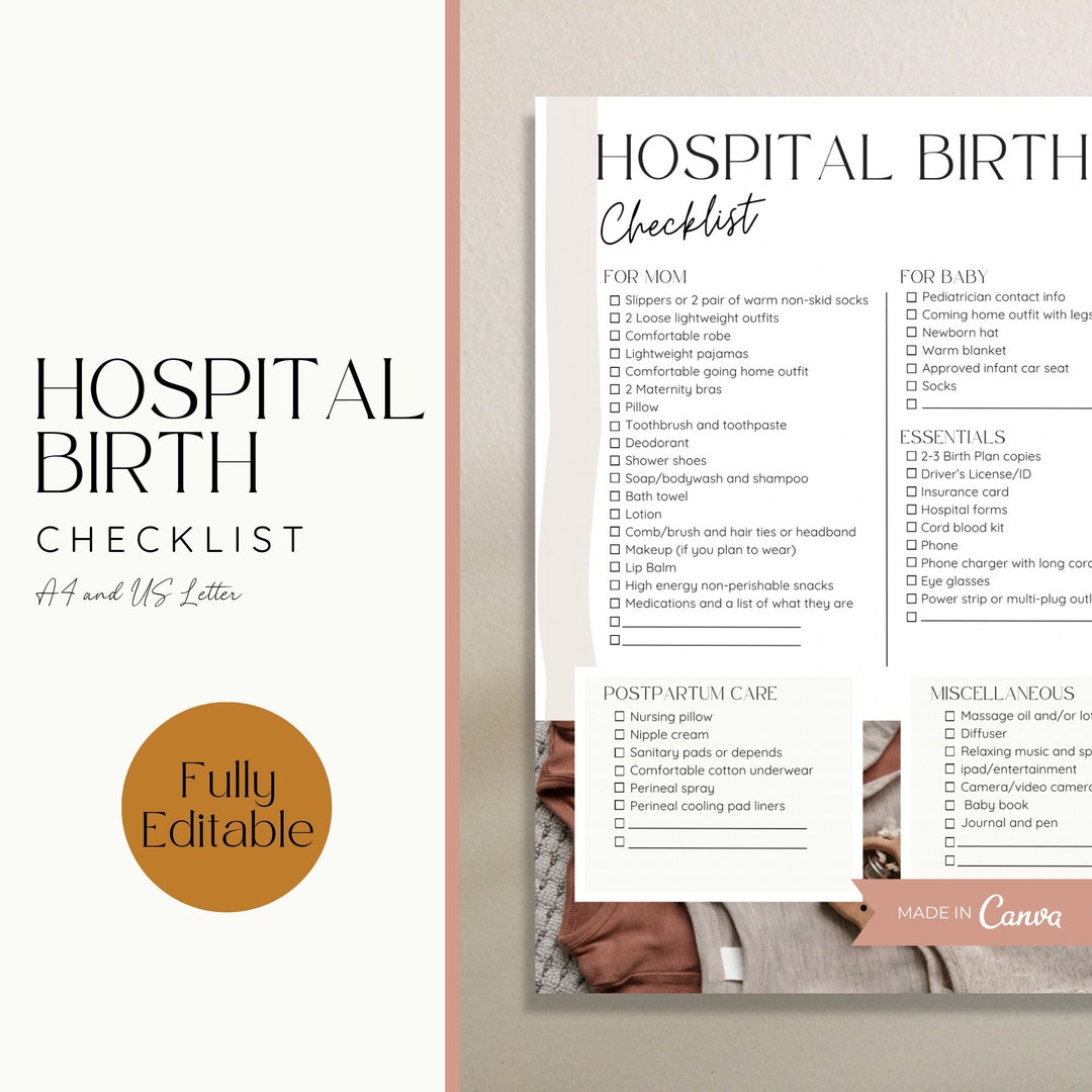 Hospital Birth Checklist: Hospital Bag for Labor and Delivery, Editable ...