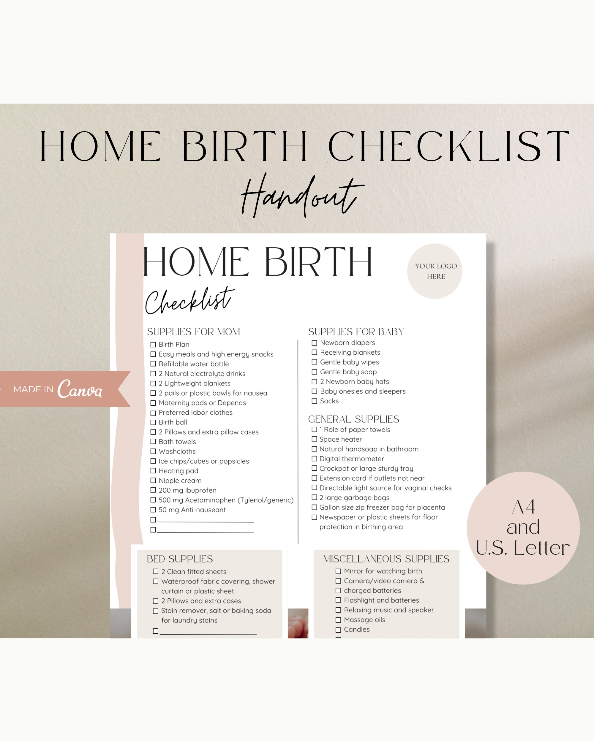 Home Birth Checklist, Home Birth Supplies, Birth Doula Handout, Doula ...