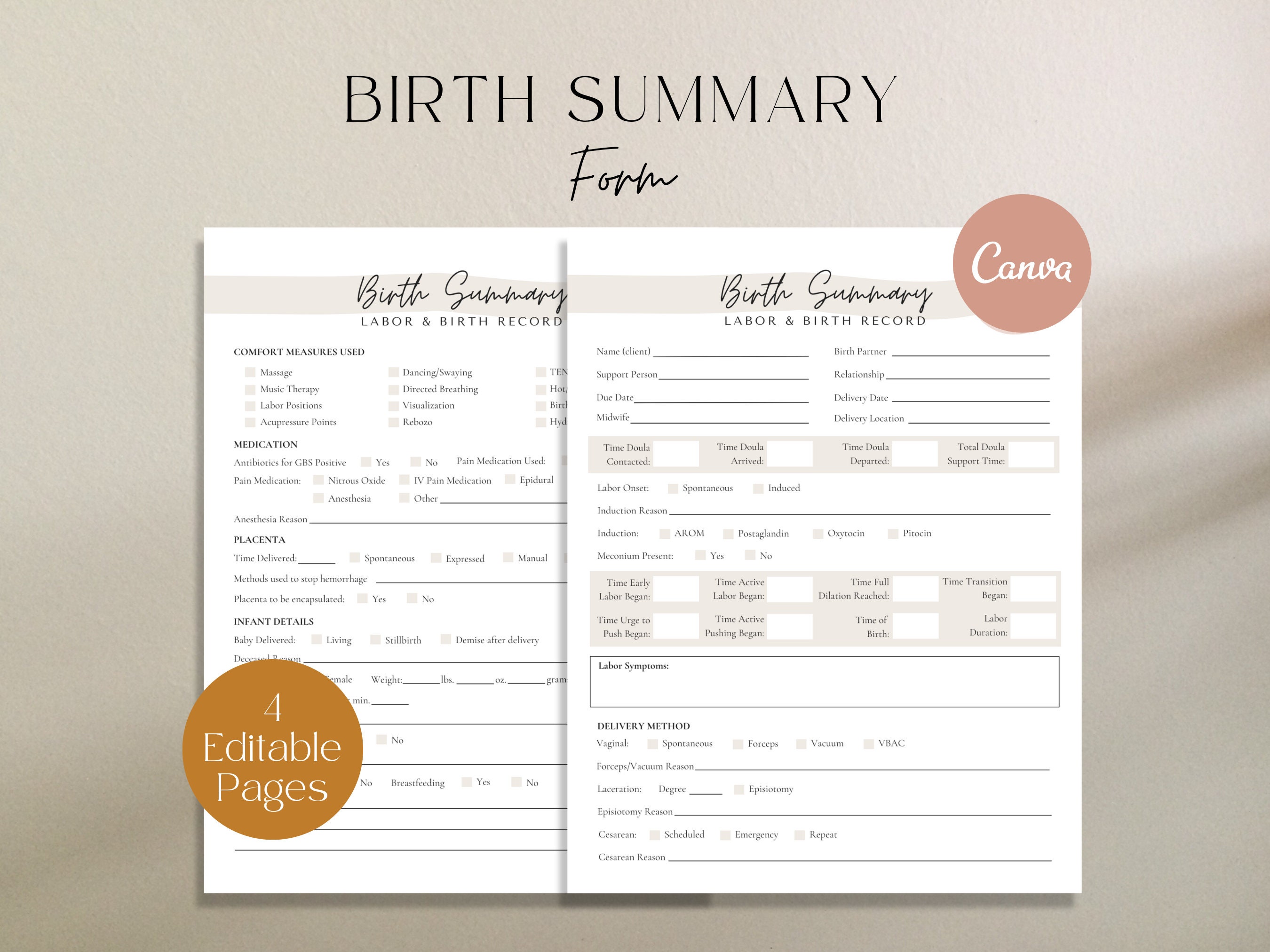 Doula Birth Summary, Birth Record Form for Birth Doulas, Birth Planning, Birth Doula, Birth ...