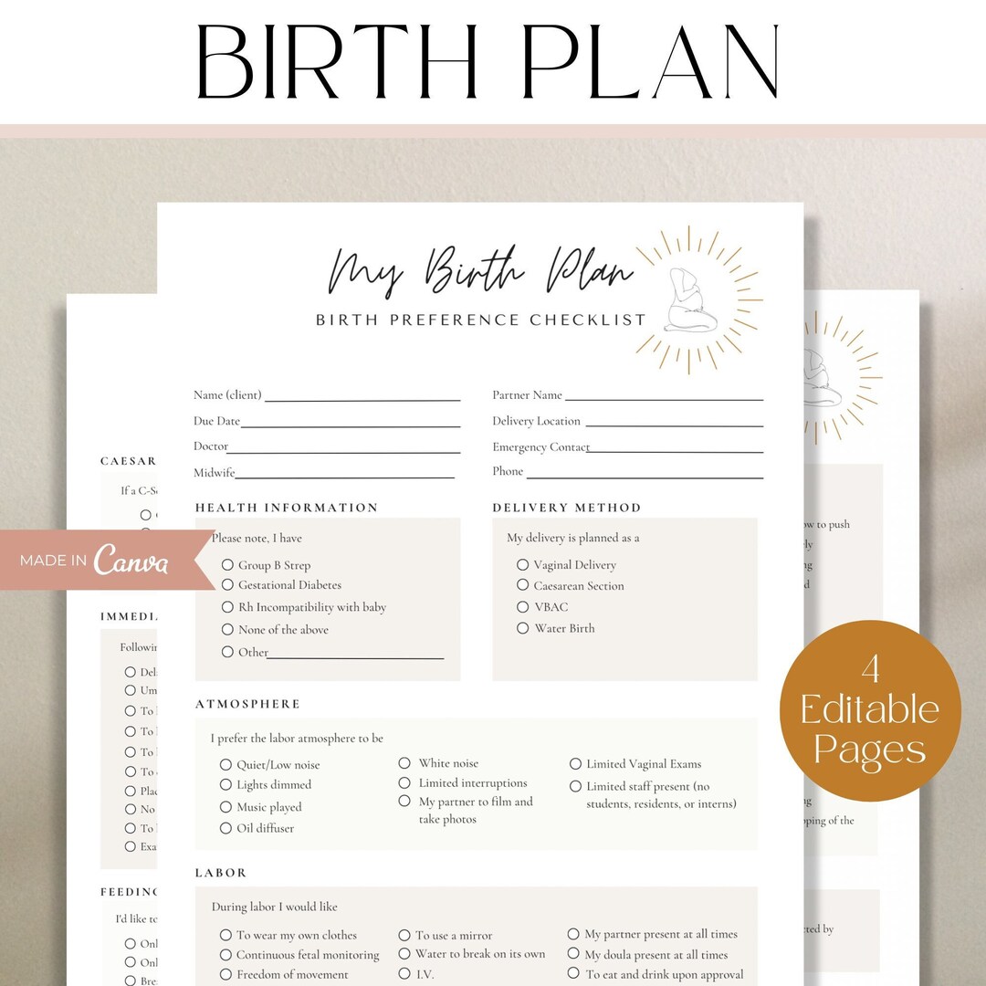 Birth Plan Template Pregnancy Planner Birth Preferences - Etsy