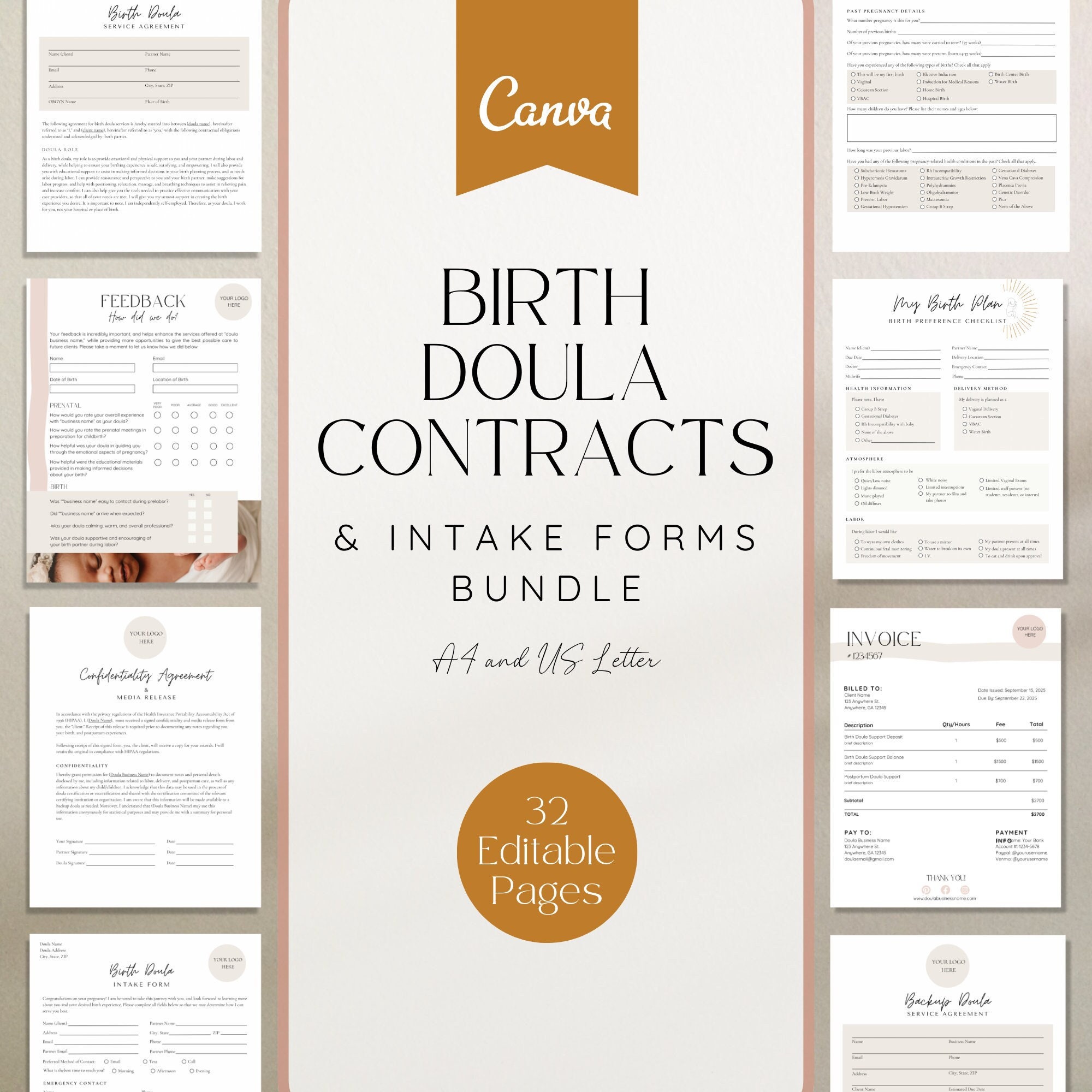 Birth Doula Contracts and Intake Forms Bundle for New Clients, Birth ...