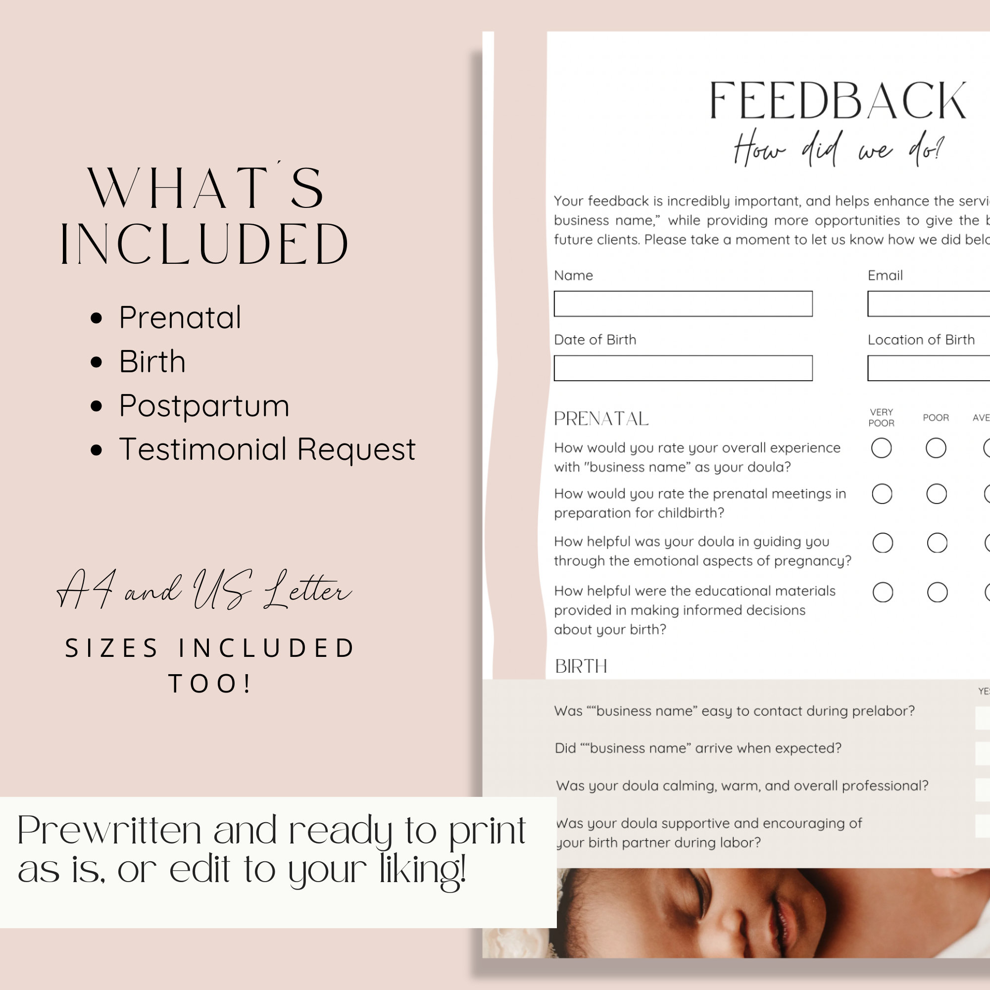 Doula Feedback Form, Doula Evaluation Form, Doula Review Request, Birth ...