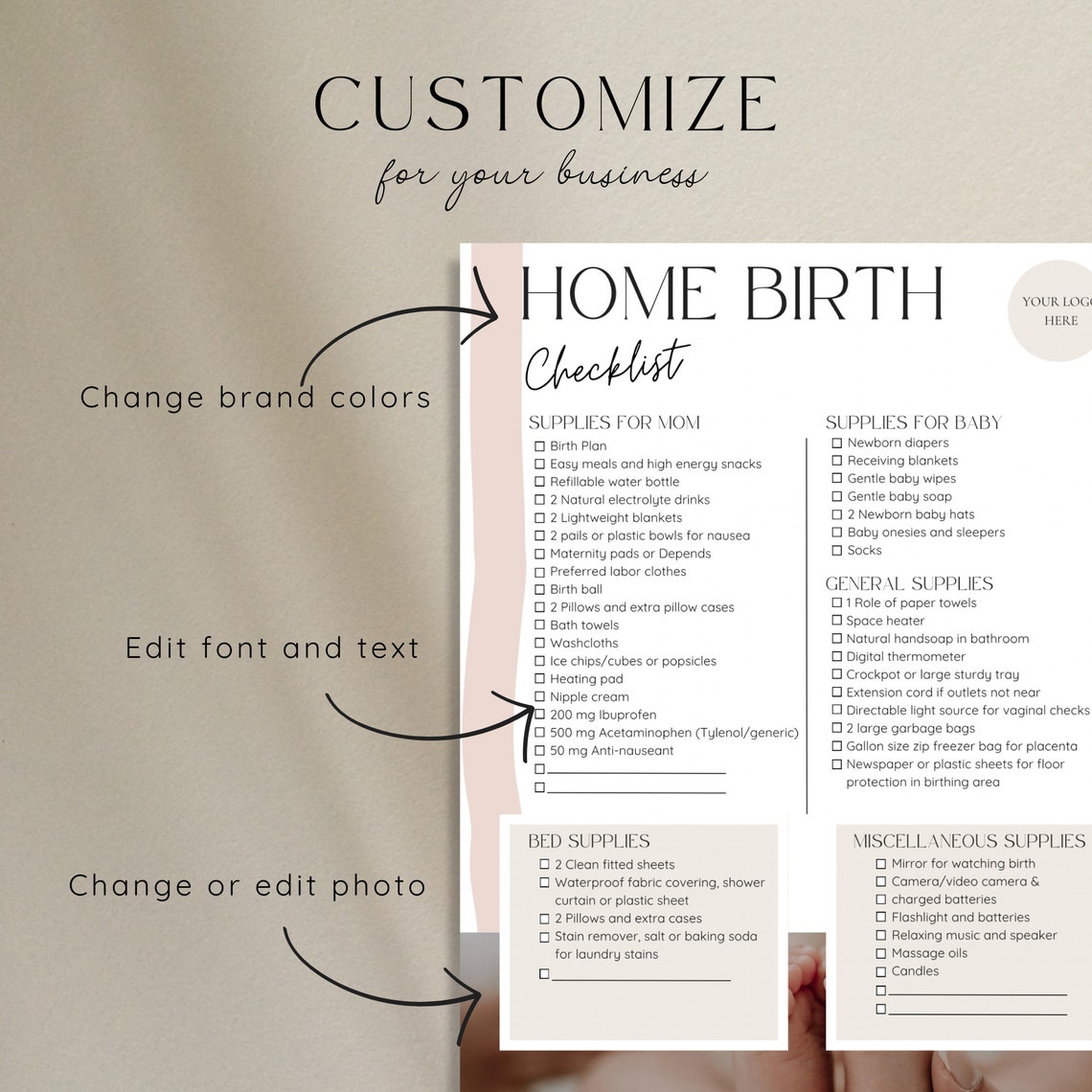 Home Birth Checklist, Home Birth Supplies, Birth Doula Handout, Doula ...