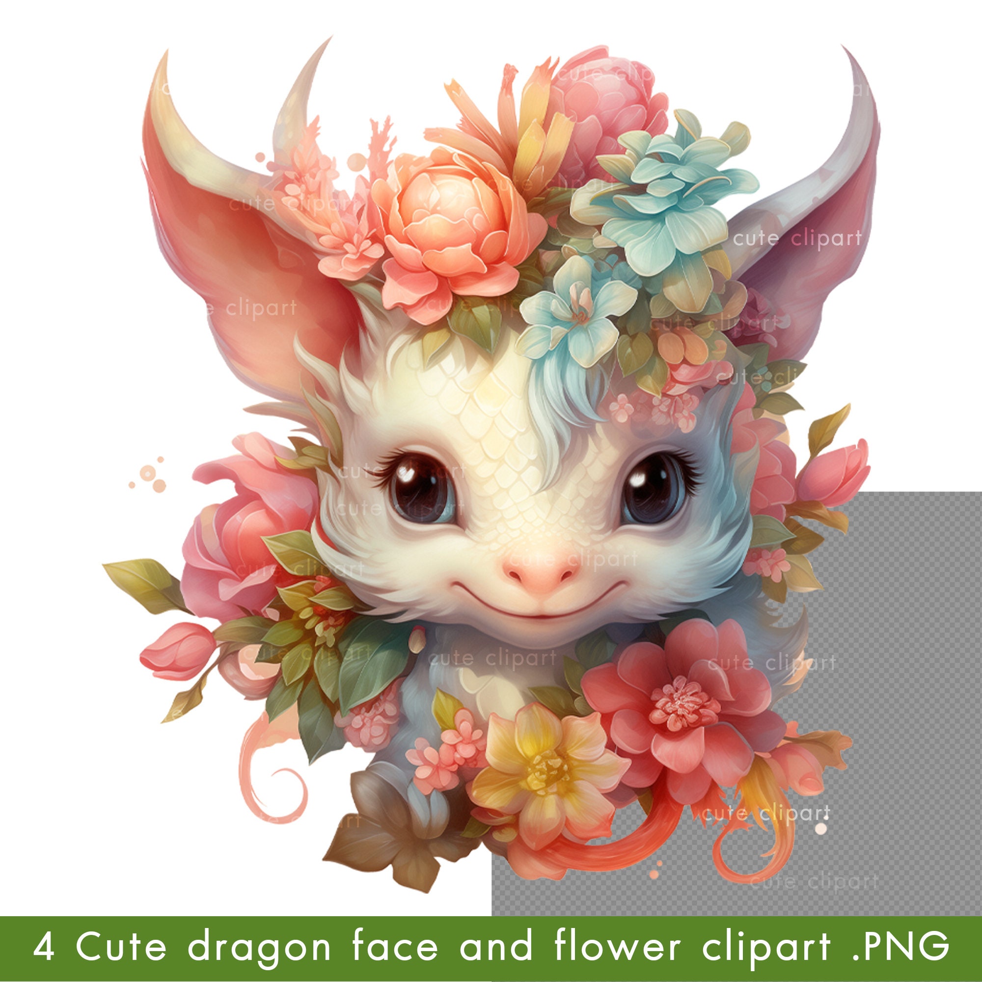 Cute Dragon Face and Flower Clipart Dragon Clipart Children Fairy Tale ...