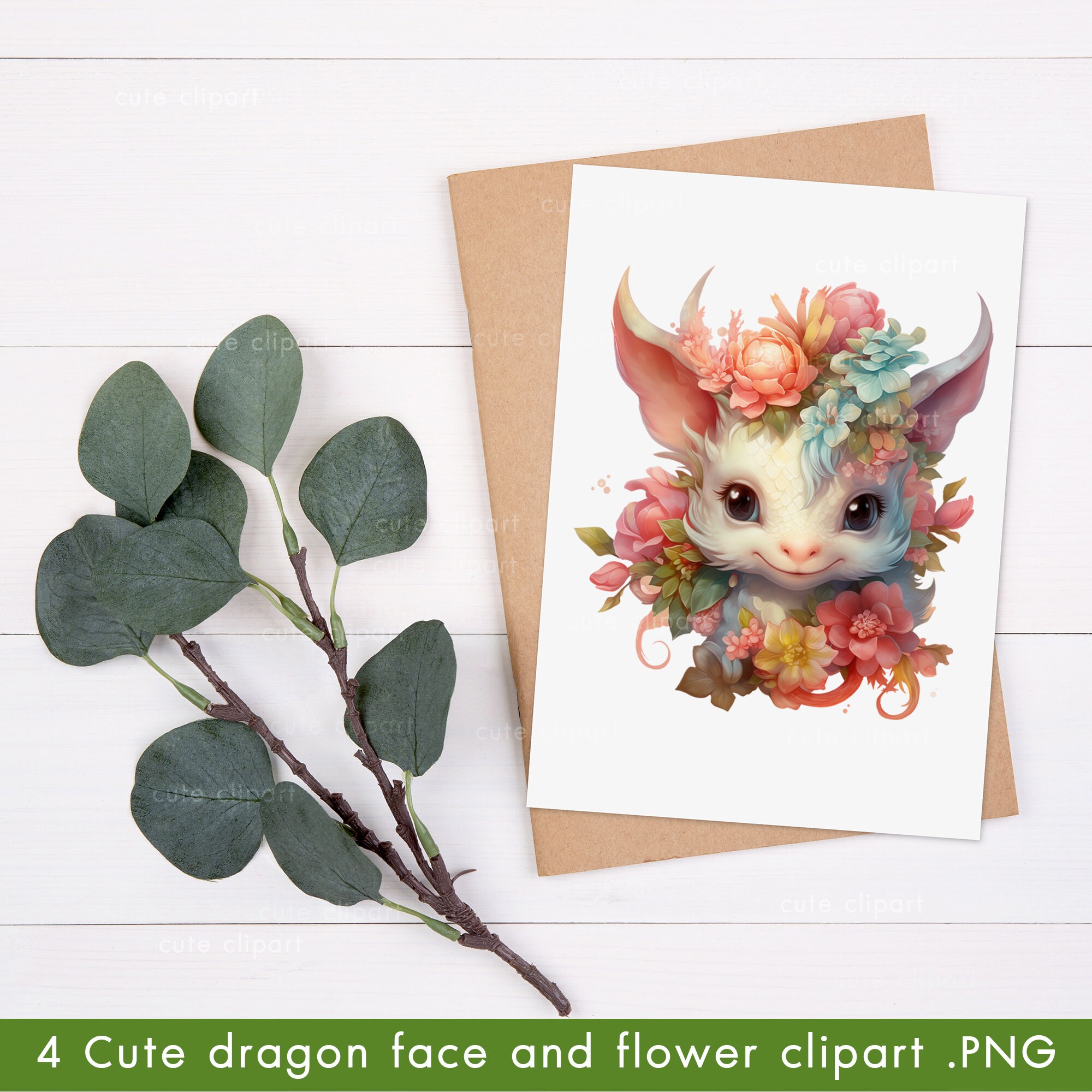 Cute Dragon Face and Flower Clipart Dragon Clipart Children Fairy Tale ...