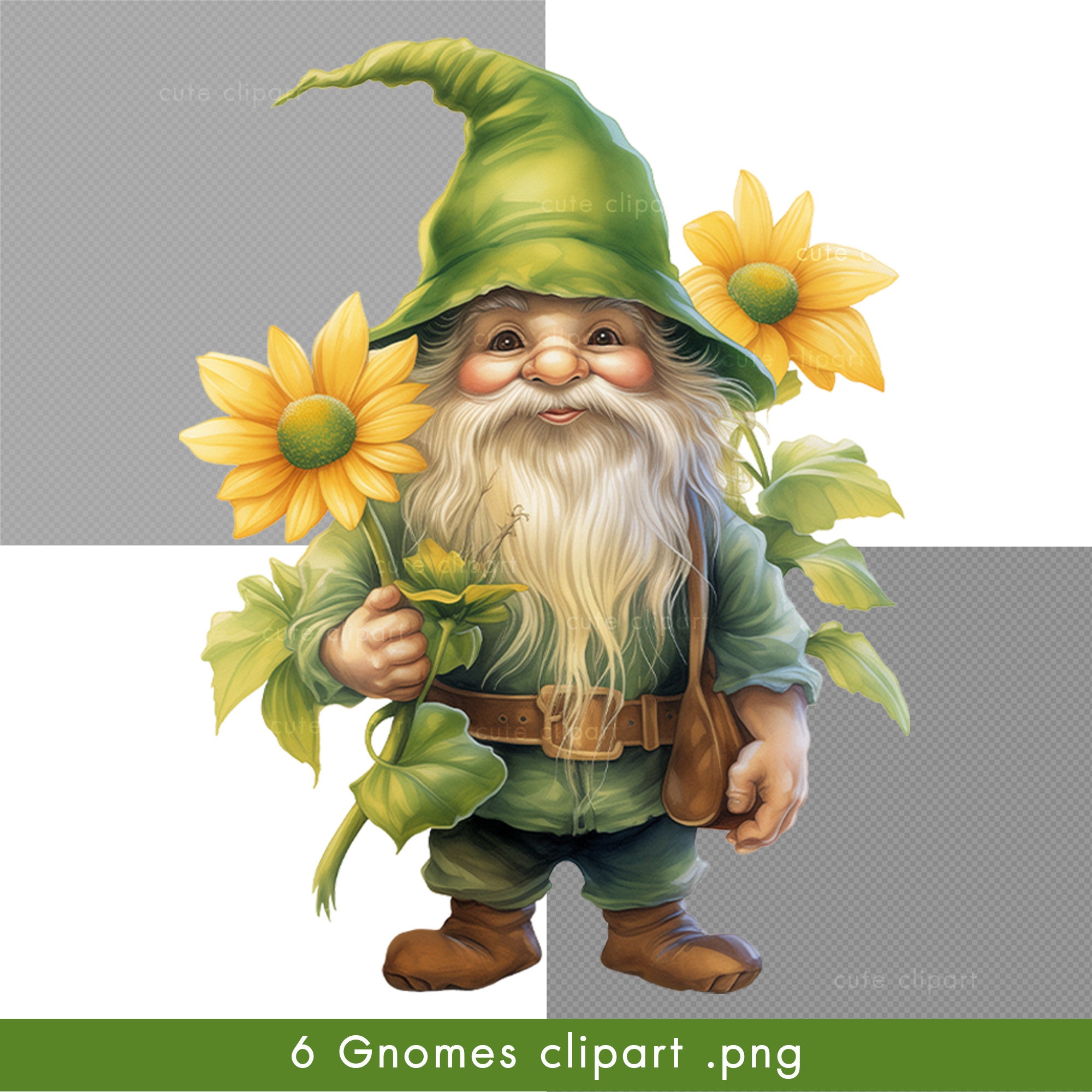 6 St. Patrick and Sunflower Gnome Clip Art, Spring Clipart, Watercolour ...