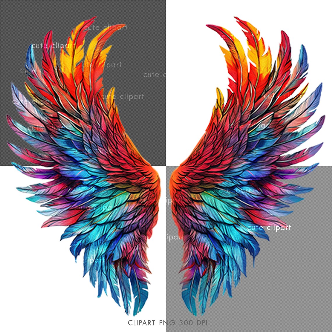 Angel Wings Clipart PNG Watercolor, Color Full Wings Clipart, Feathered ...