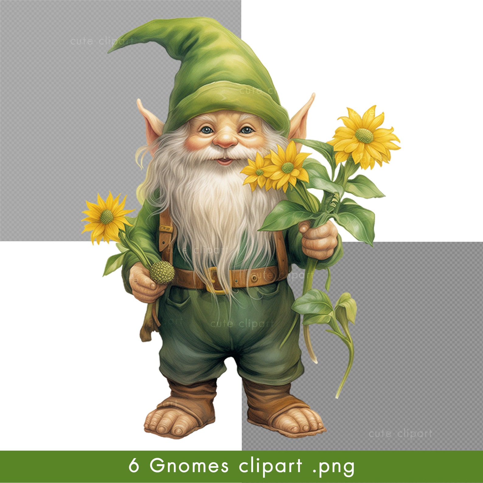 6 St. Patrick and Sunflower Gnome Clip Art, Spring Clipart, Watercolour ...