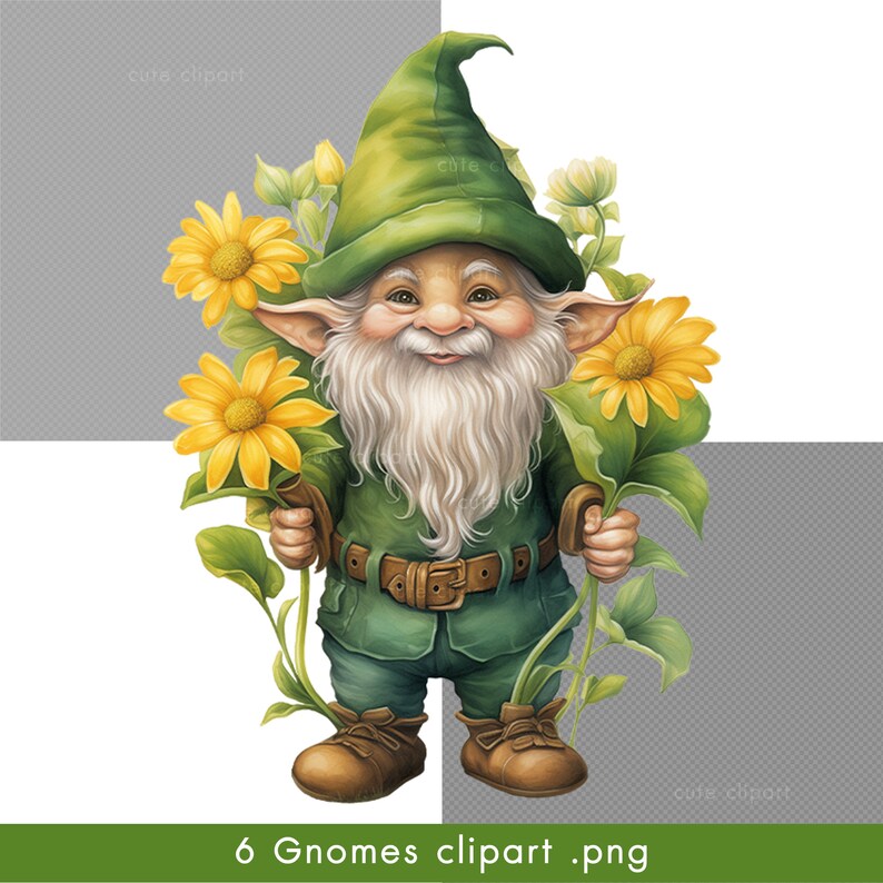 6 St. Patrick and Sunflower Gnome Clip Art, Spring Clipart, Watercolour ...