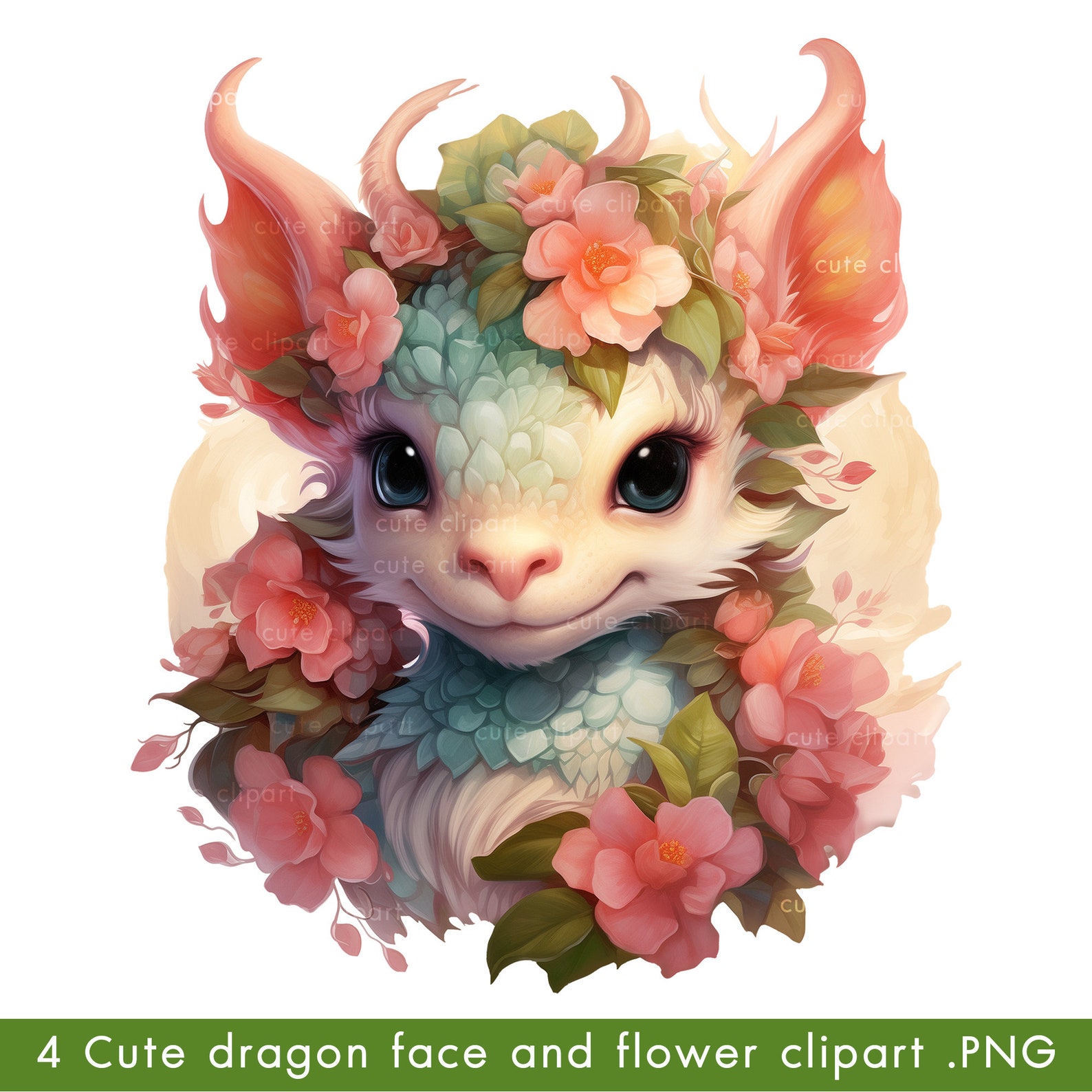 Cute Dragon Face and Flower Clipart Dragon Clipart Children Fairy Tale ...