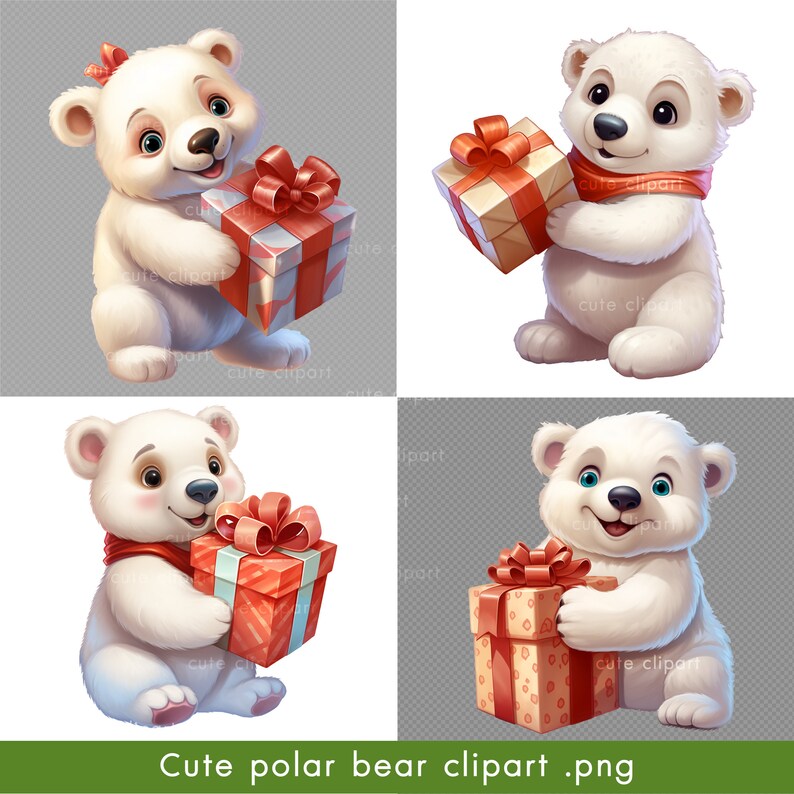 Cute Polar Bear Clipart, 12 High Quality PNG and JPG Files, Bear ...