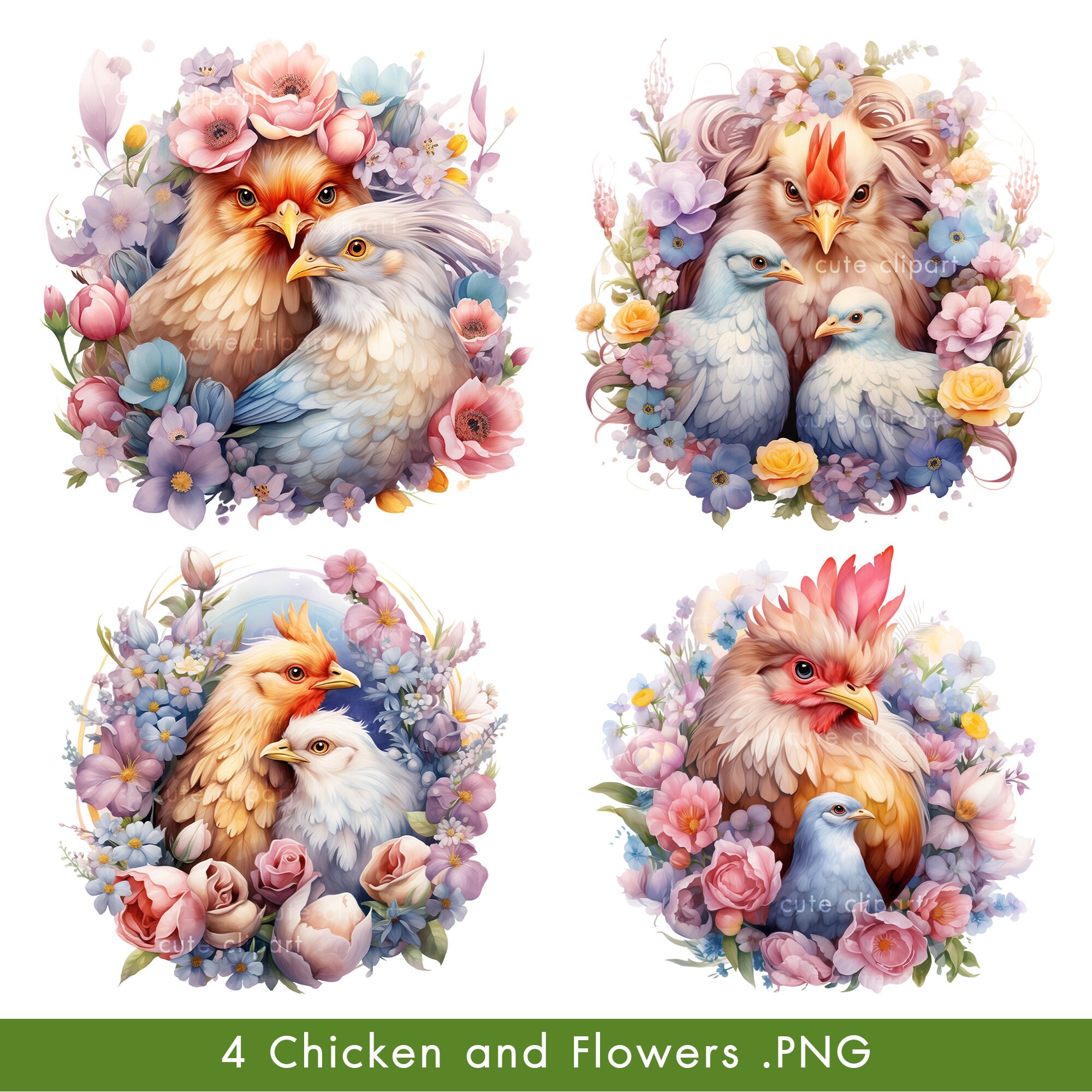 4 PNG Flower and Chicken Illustration Clipart, Floral Easter Chicken ...