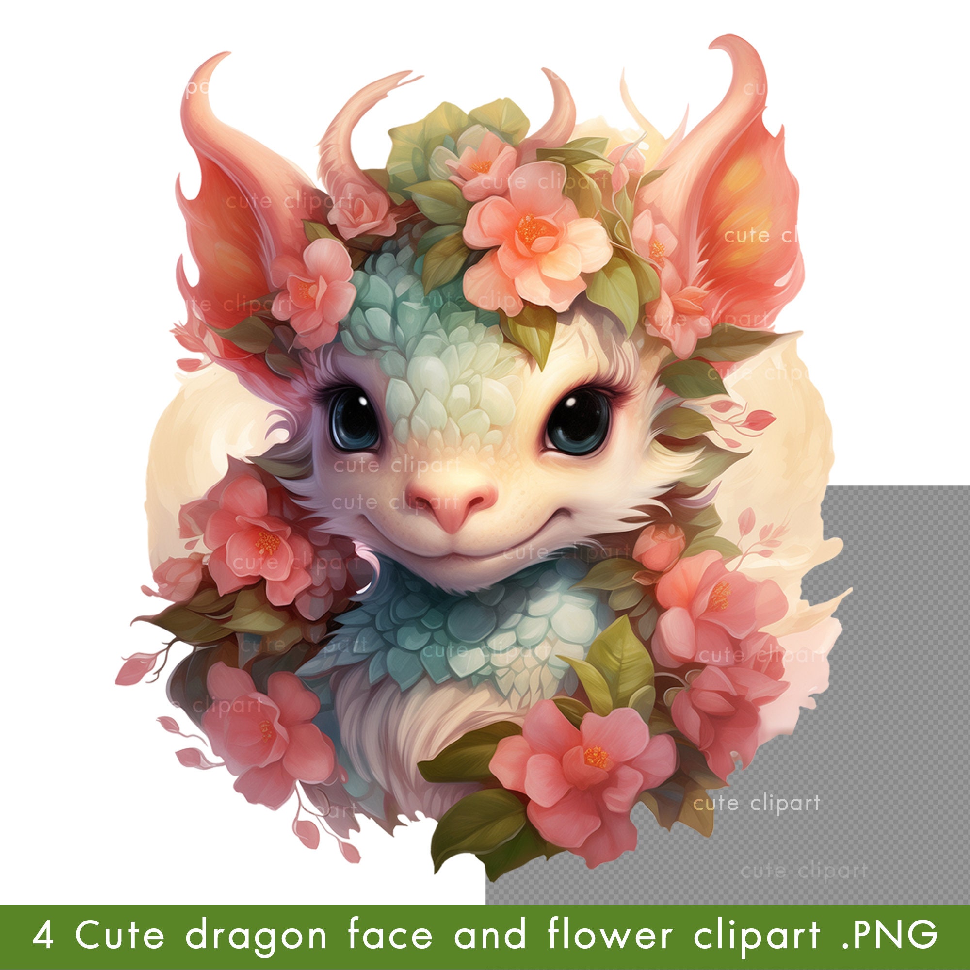 Cute Dragon Face and Flower Clipart Dragon Clipart Children Fairy Tale ...