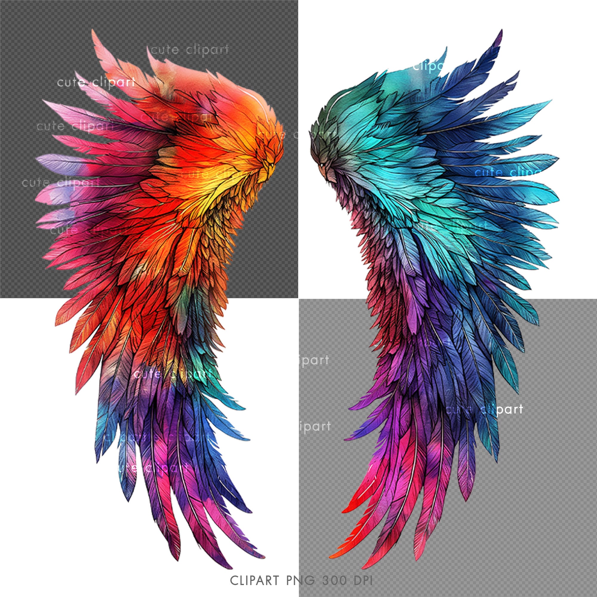 Angel Wings Clipart PNG Watercolor, Color Full Wings Clipart, Feathered ...