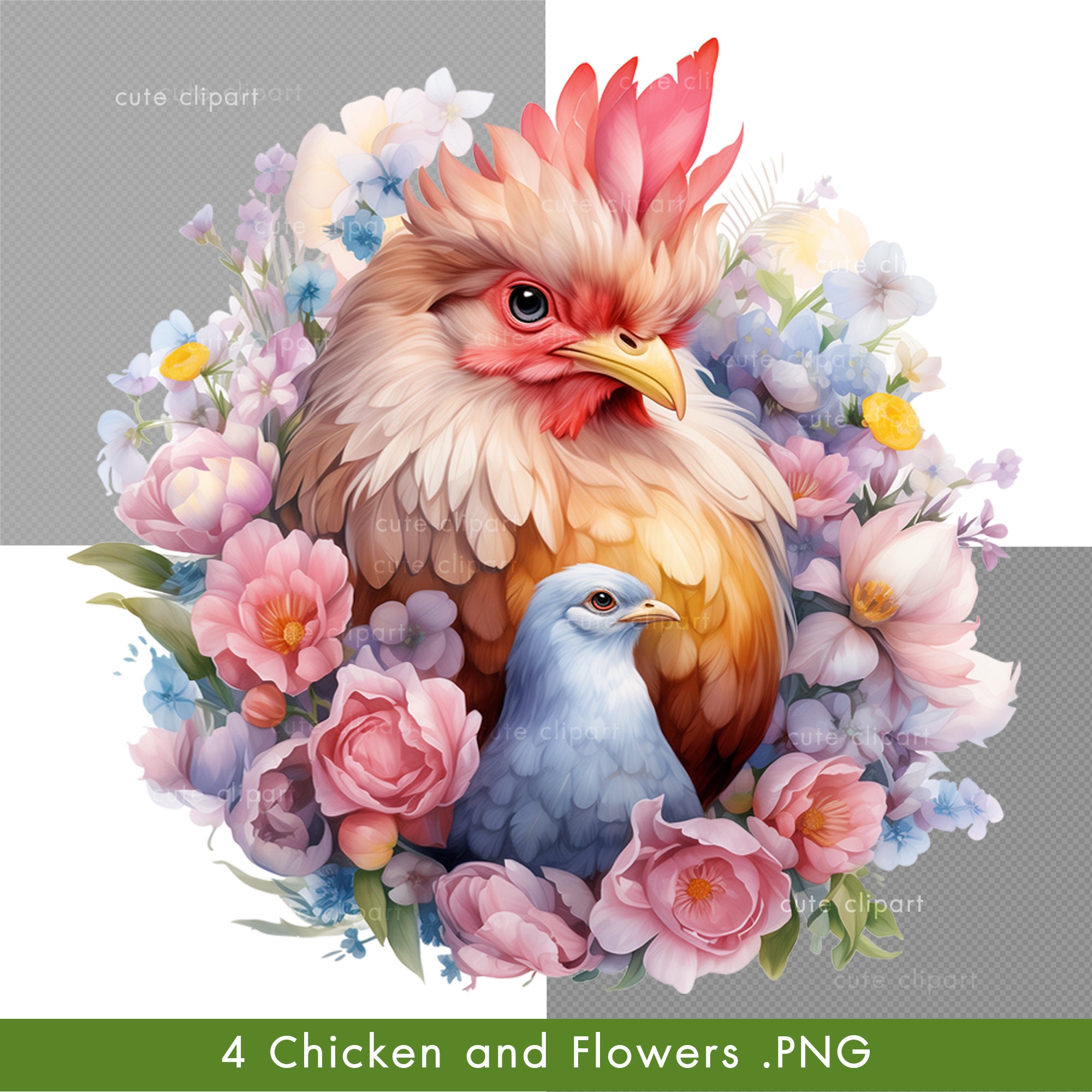 4 PNG Flower and Chicken Illustration Clipart, Floral Easter Chicken ...