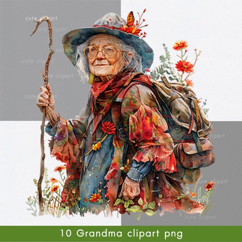 Whimsical Old Lady, Grandma Illustration Graphics PNG, Watercolor Old ...