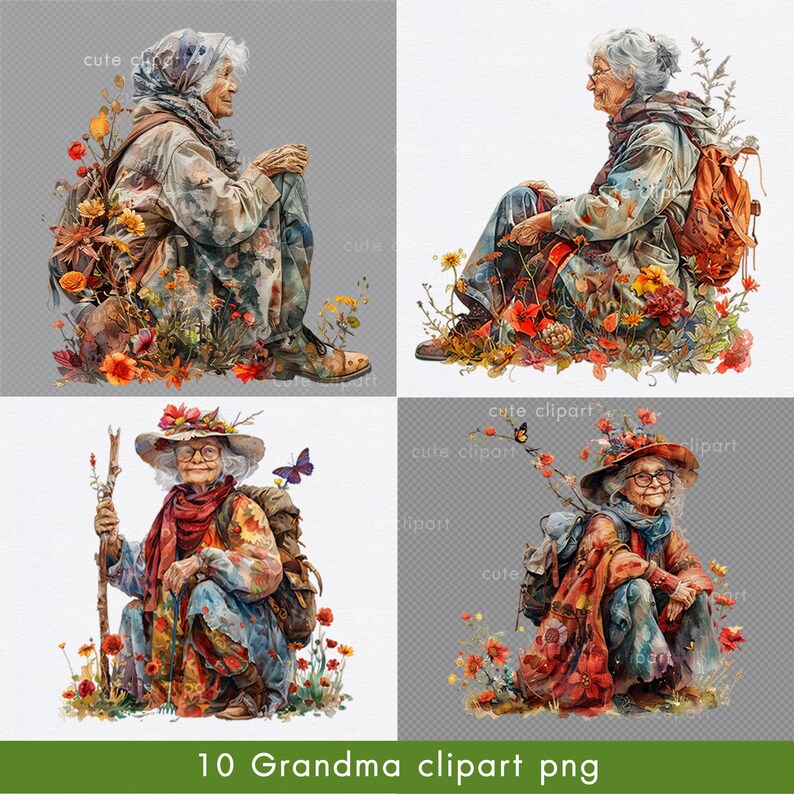 Whimsical Old Lady, Grandma Illustration Graphics PNG, Watercolor Old ...