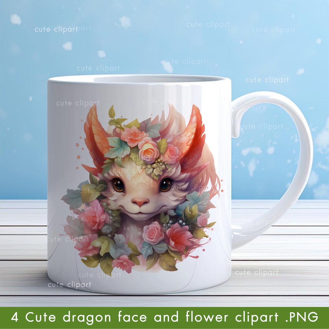 Cute Dragon Face and Flower Clipart Dragon Clipart Children Fairy Tale ...