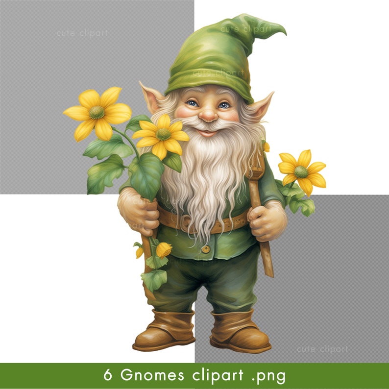 6 St. Patrick and Sunflower Gnome Clip Art, Spring Clipart, Watercolour ...