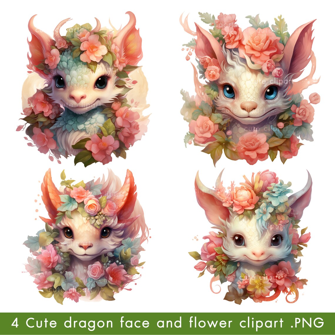 Cute Dragon Face and Flower Clipart Dragon Clipart Children Fairy Tale ...